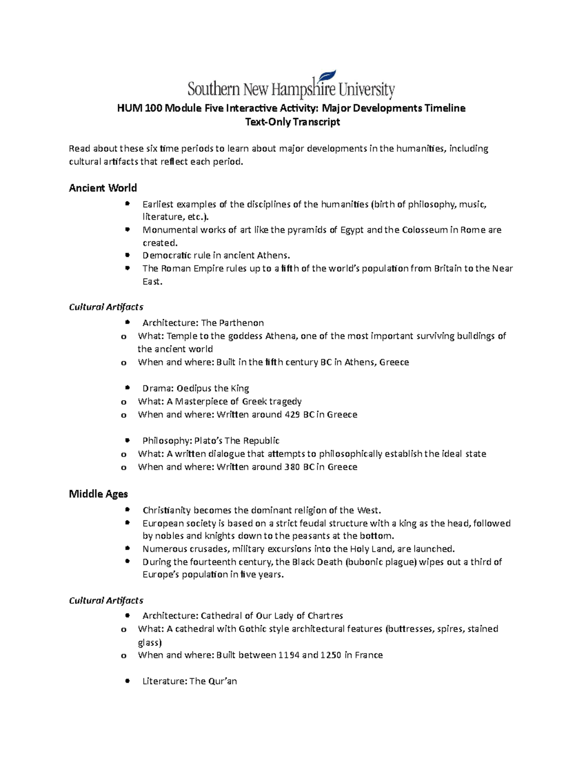 HUM 100 Module Five Interactive Activity Text Only Transcript - HUM 100 ...