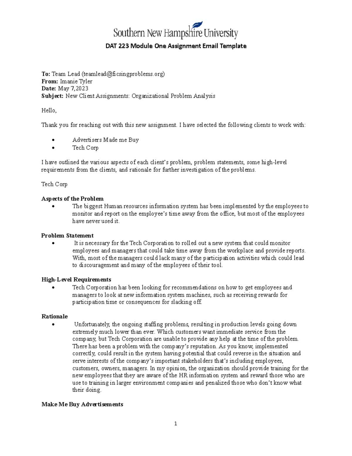 DAT 223 Module One Assignment Email Template - I have selected the ...