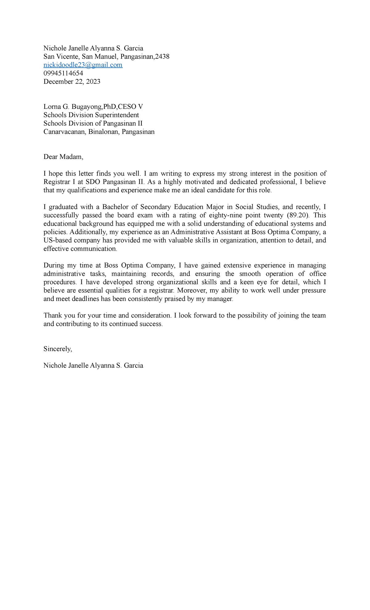 Letter of intent nichole garcia - Nichole Janelle Alyanna S. Garcia San ...