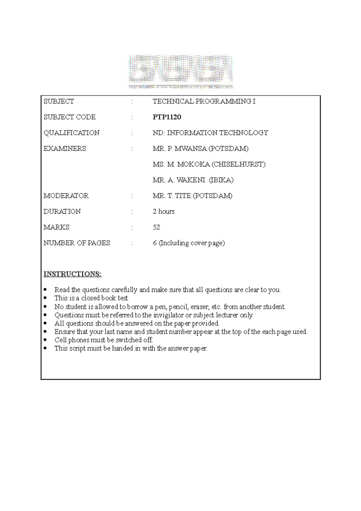 Tp1t4memo Tp Memo Subject Technical Programming I Subject Code Ptp Qualification Nd