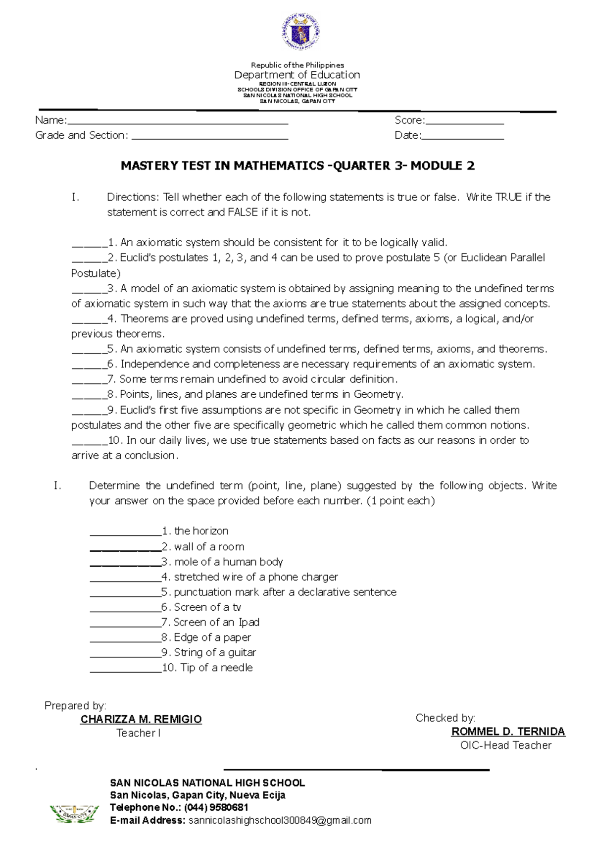 Student Learning Mastery Test 3rd QWeek 2 - Republic of the Philippines ...
