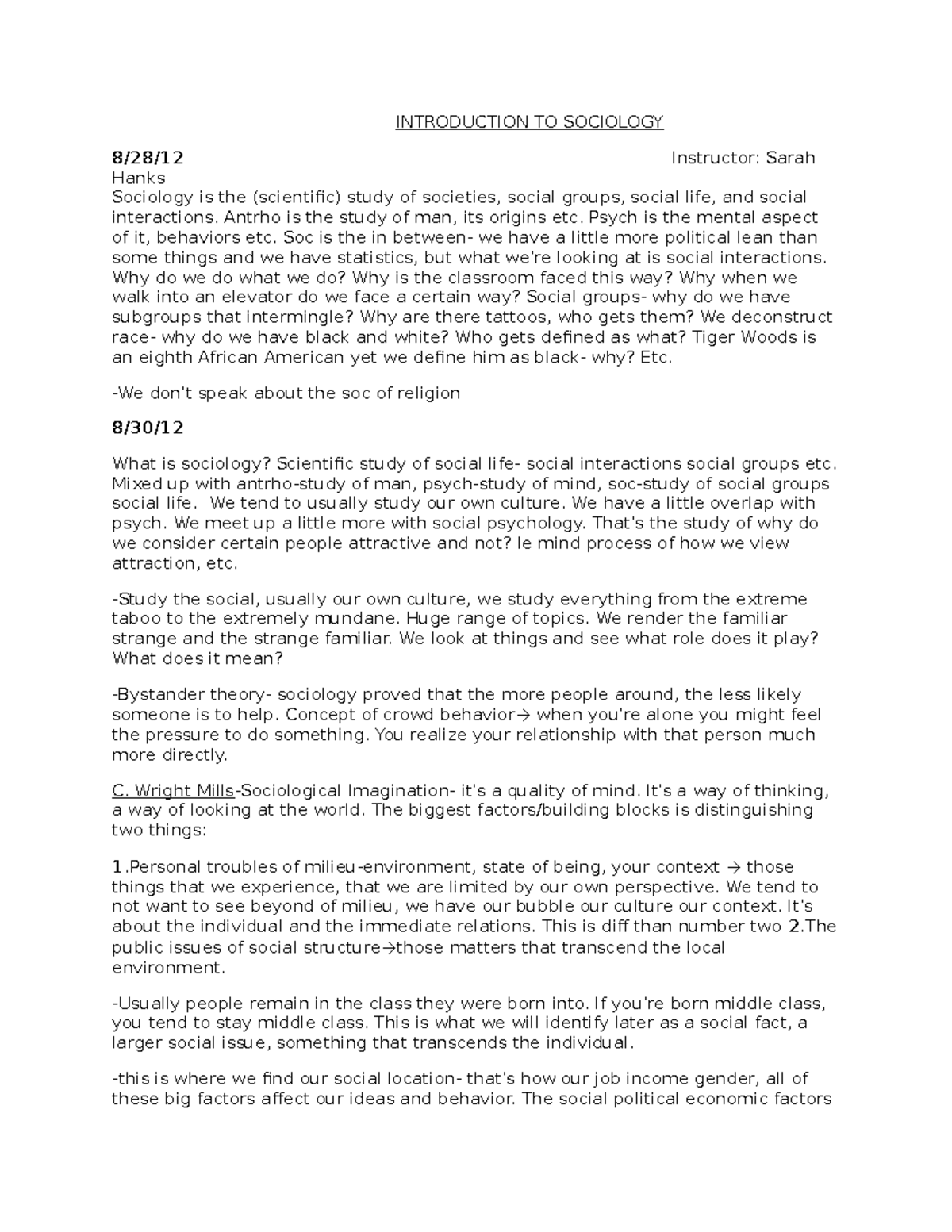 Introduction TO Sociology - INTRODUCTION TO SOCIOLOGY 8/28/12 ...