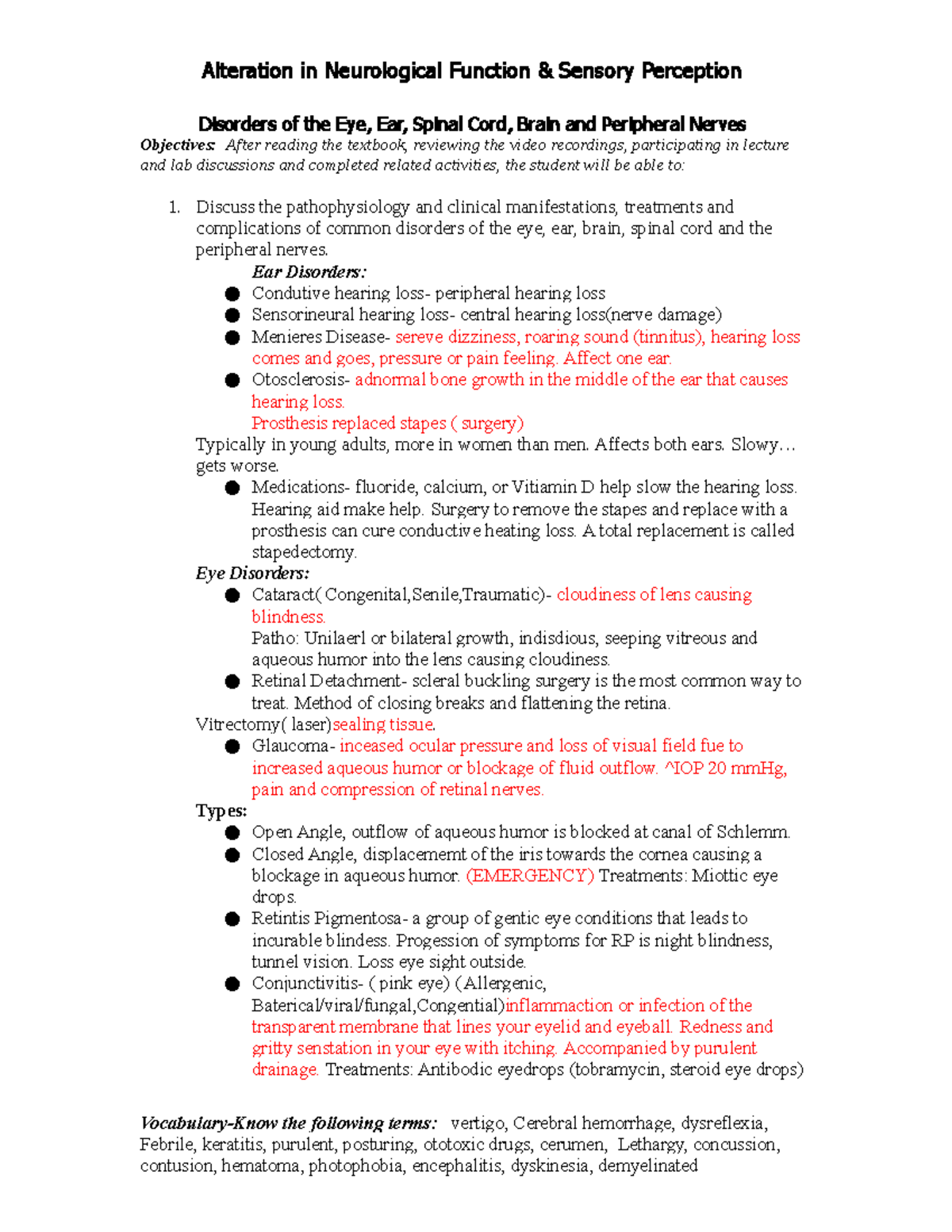 319 neuro study guide exam 2 - Disorders of the Eye, Ear, Spinal Cord ...