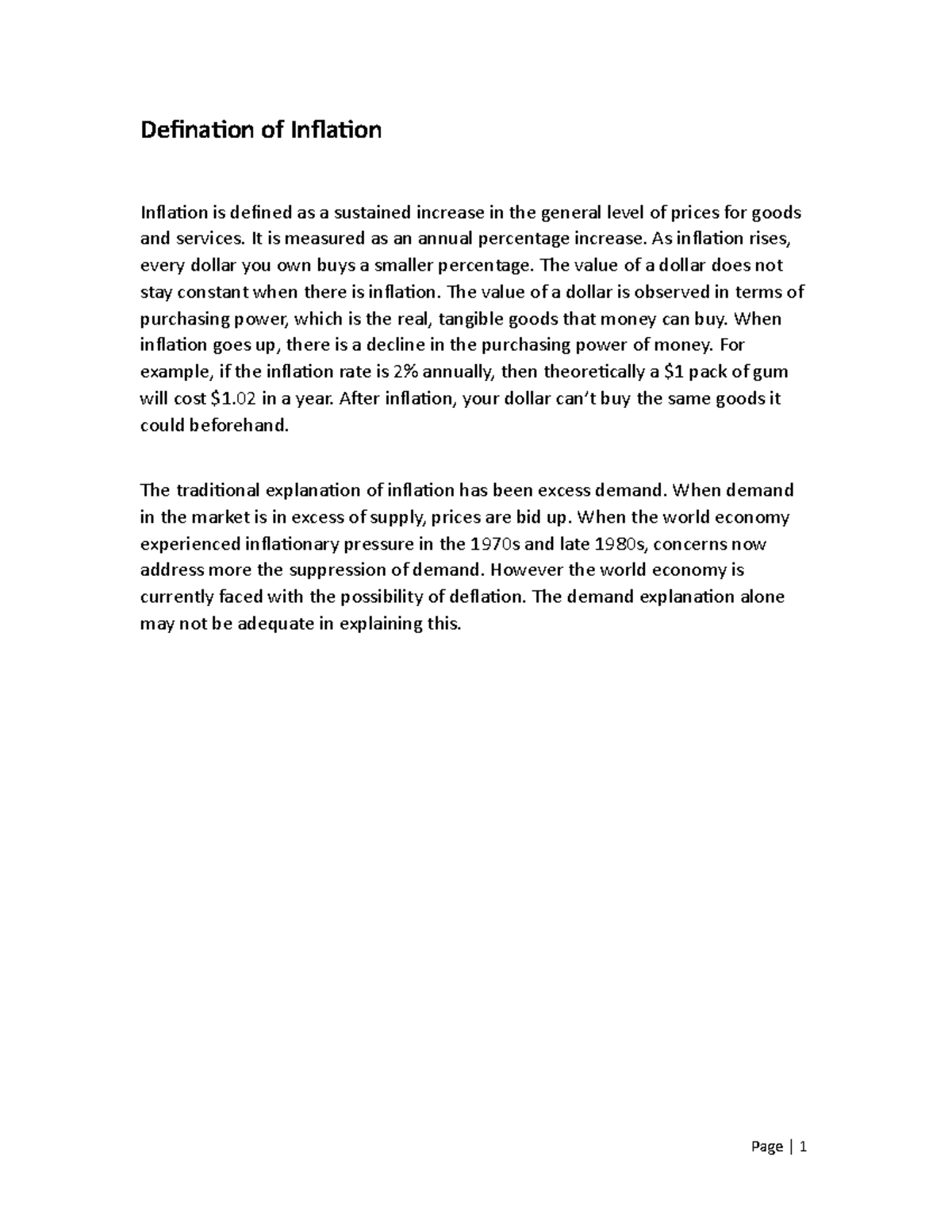 Assignment - Economics - Defination of Inflation Inflation is defined ...