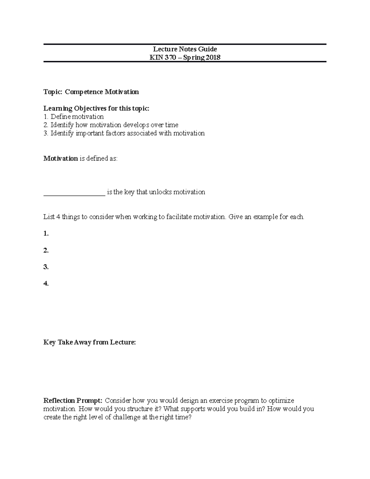 Lec 1 notes - KIN 370 – Spring 2018Lecture Notes Guide Topic ...