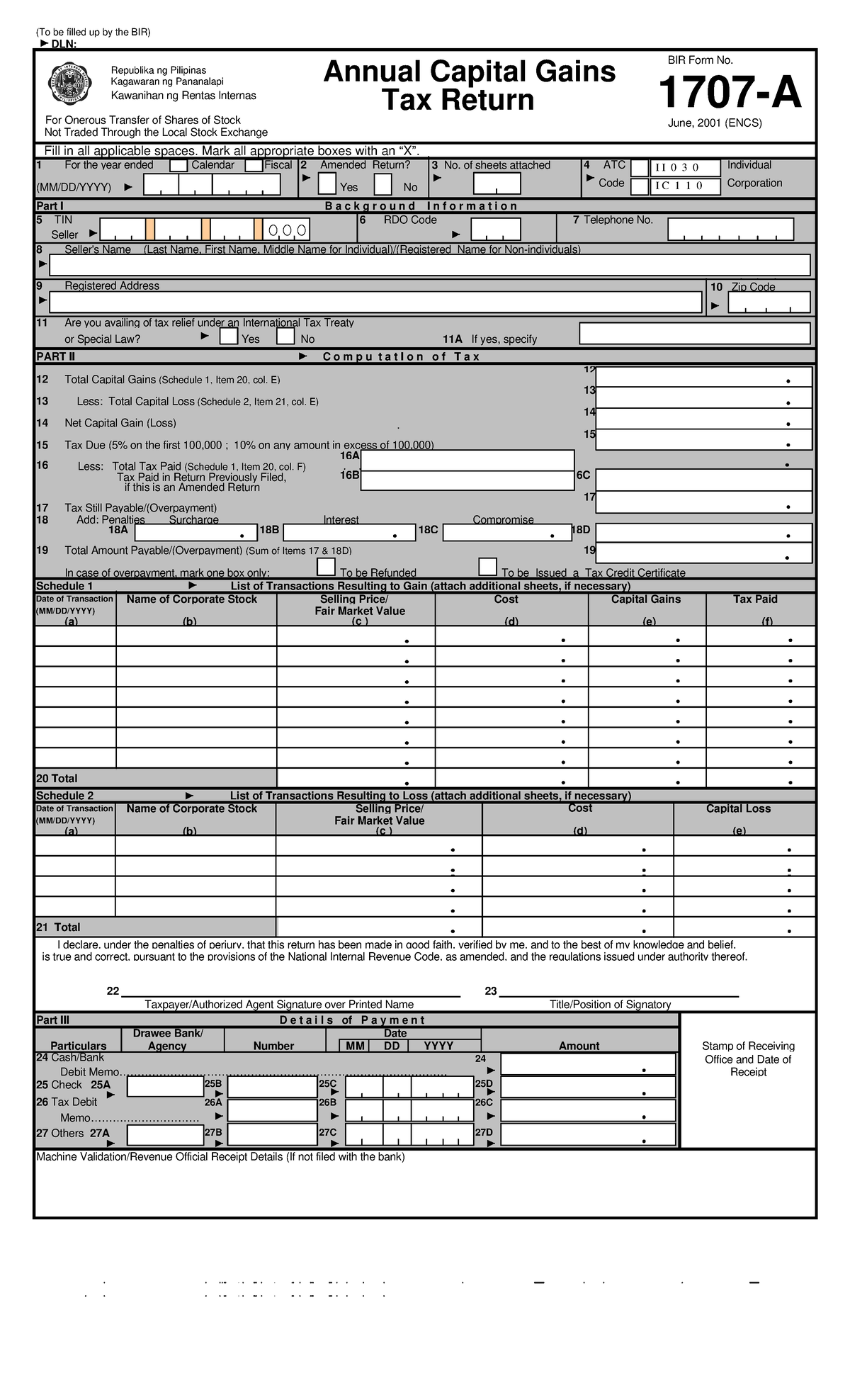 Acgt 1707-A - bir forms used in capital gains and income tax - (To be ...