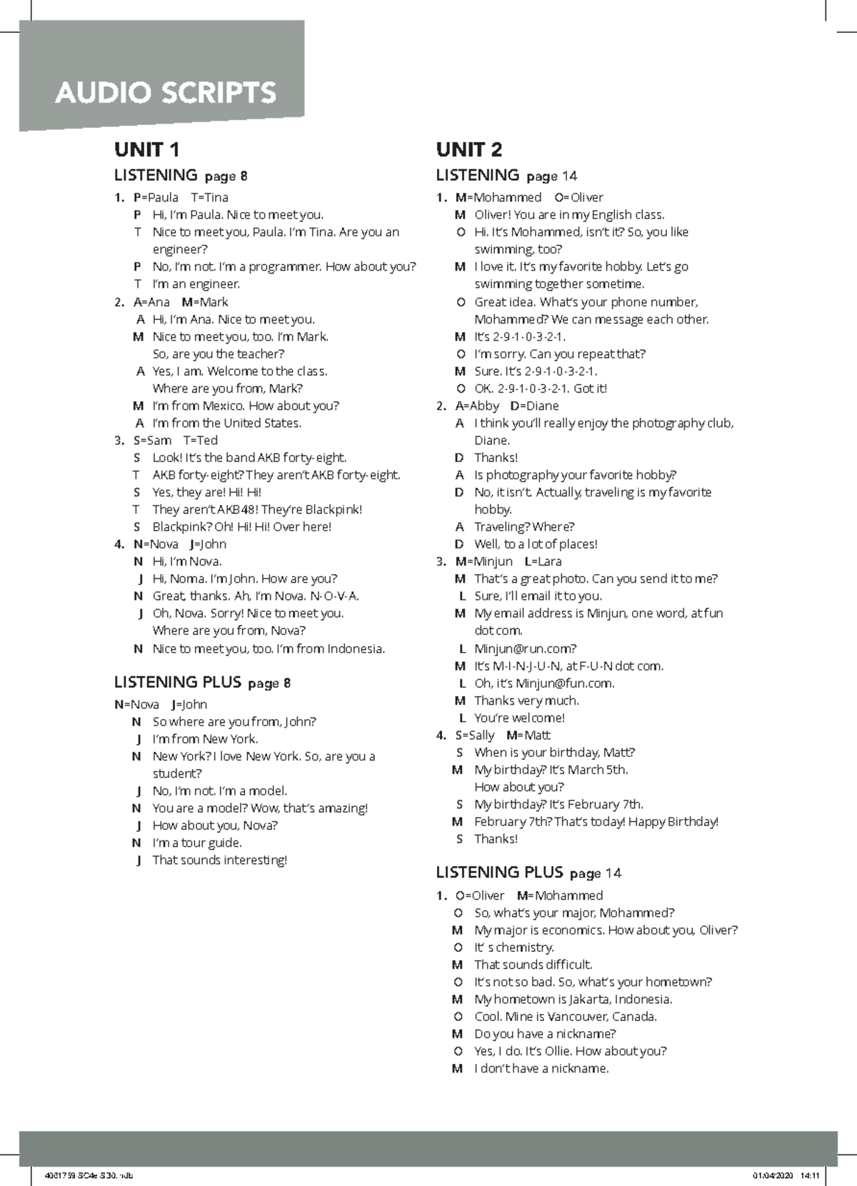SC4e SB0 Audioscripts - 123789 - UNIT 2 LISTENING page 14 M 0RKDPPHGɅO ...
