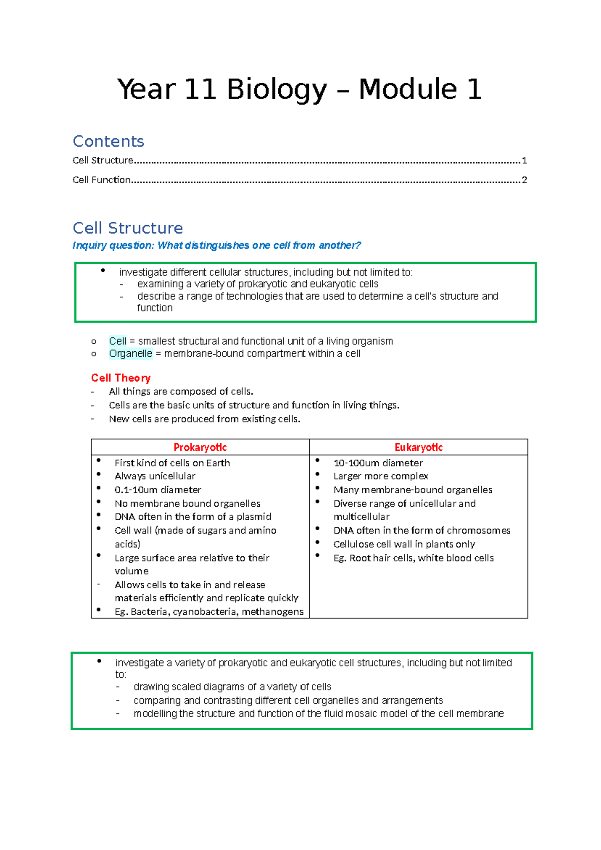Module 1 Summary Notes - Year 11 Biology – Module 1 Contents Cell - Studocu