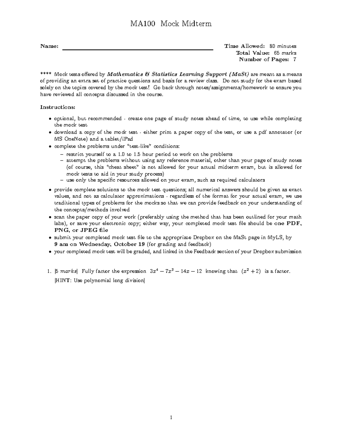 Midterm Review Ma100 Mock Midterm Name Time Allowed 80 Minutes