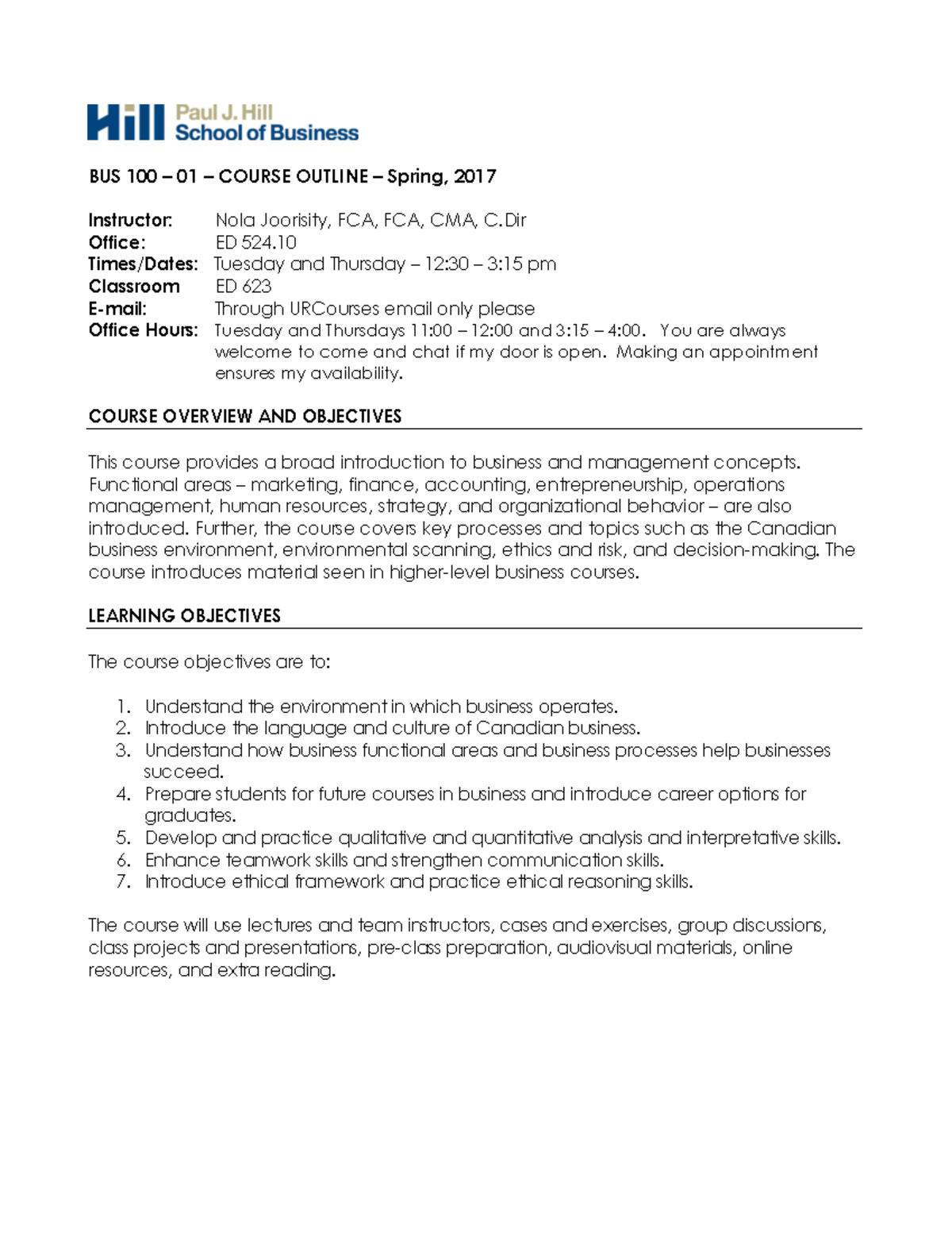 BUS 100 040-041final - BUS 100 – 01 – COURSE OUTLINE – Spring, 2017 ...