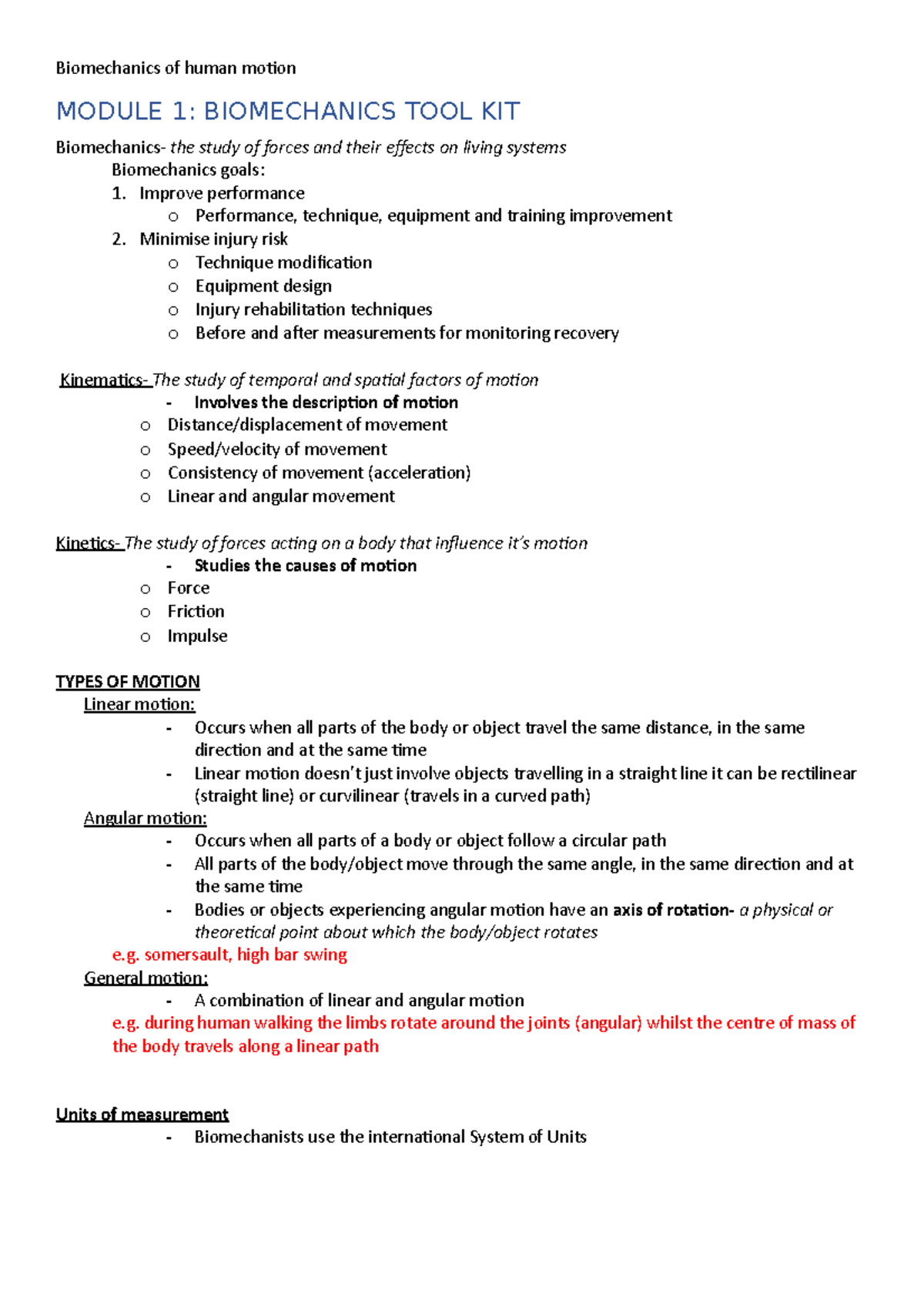 Biomechanics of human motion lecture notes - Biomechanics of human ...