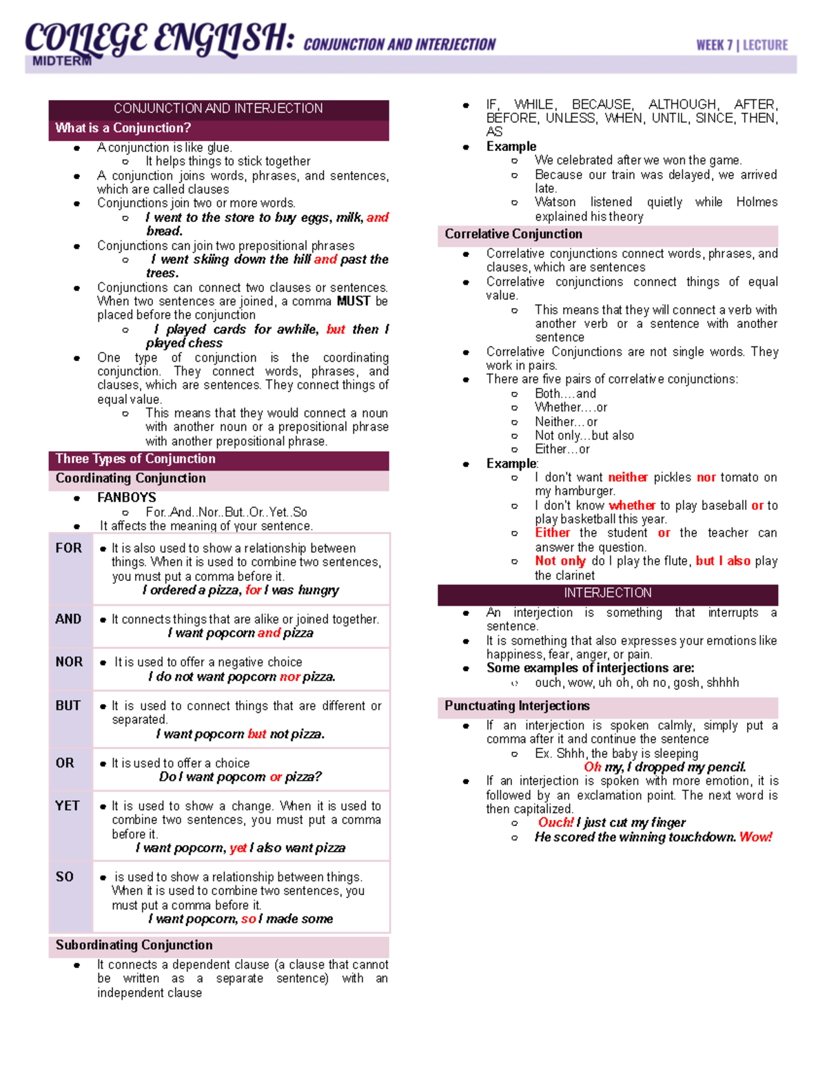 College English Midterm - W7 | CONJUNCTION AND INTERJECTION | LECTURE ...