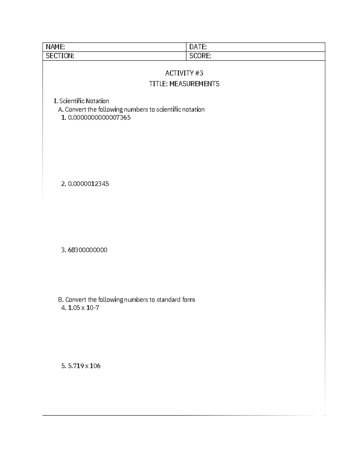 Measurements Activity - SECTION: SCORE: ACTIVITY TITLE: MEASUREMENTS I ...