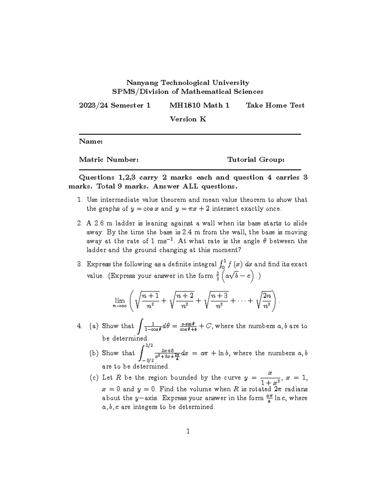 MH1810 Take Home Test 2023 Version K - Nanyang Technological University ...
