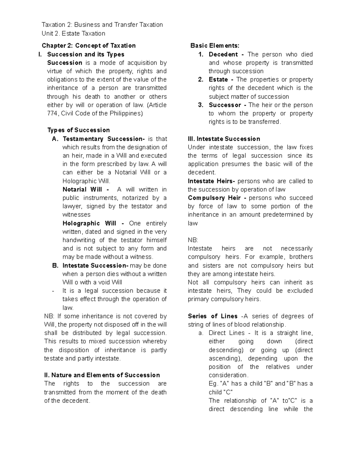 Tax 2 Unit 2. Chapter 2 - Unit 2. Estate Taxation Chapter 2: Concept of Taxation I. Succession ...