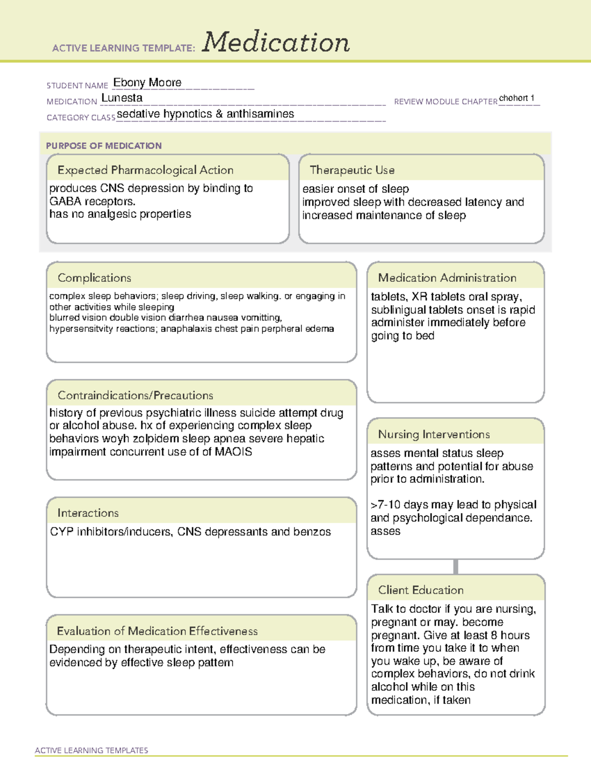 Lunesta complete - medication card - ACTIVE LEARNING TEMPLATES ...