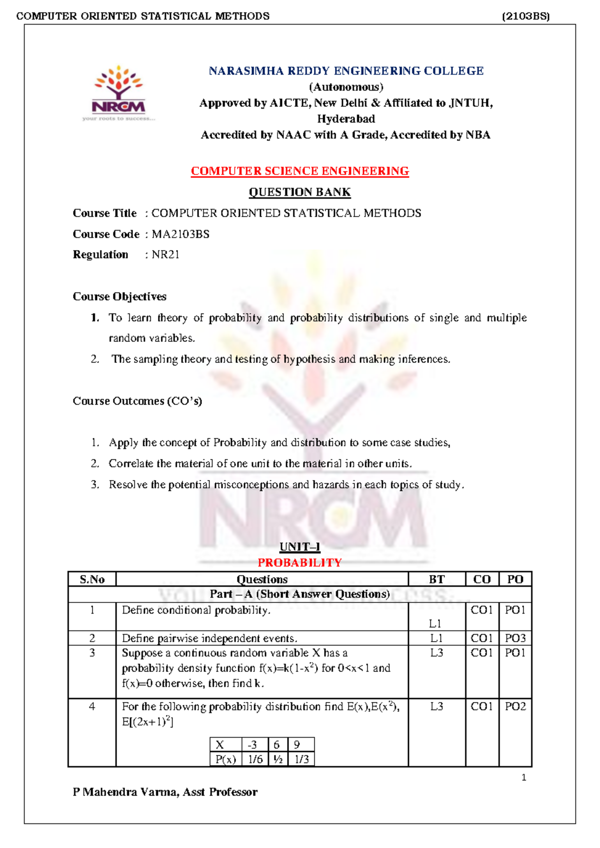 COSM Question Bank - 1 NARASIMHA REDDY ENGINEERING COLLEGE (Autonomous ...