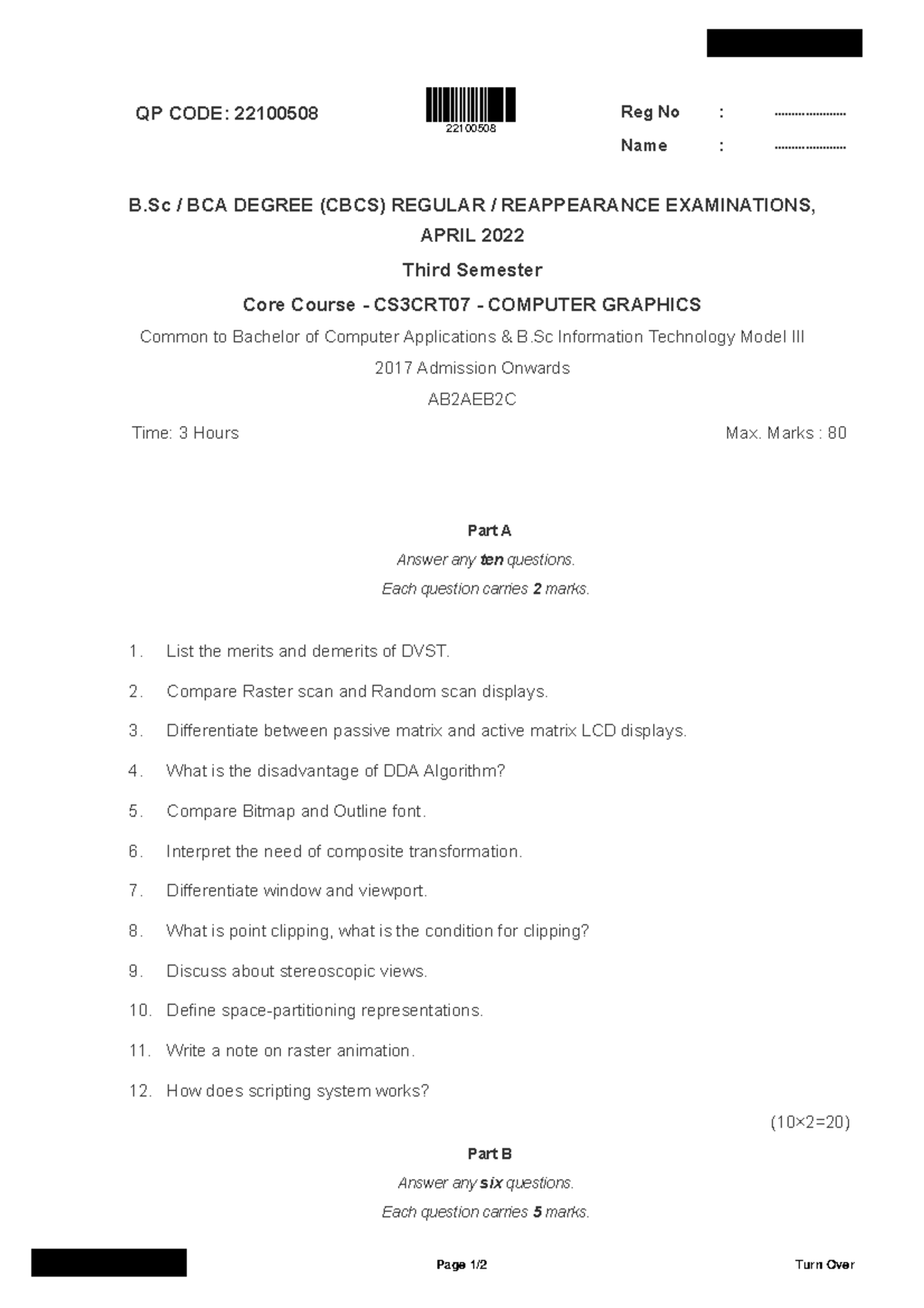 Bsc bca 3 sem computer graphics 22100508 apr 2022 - QP CODE: 22100508 ...