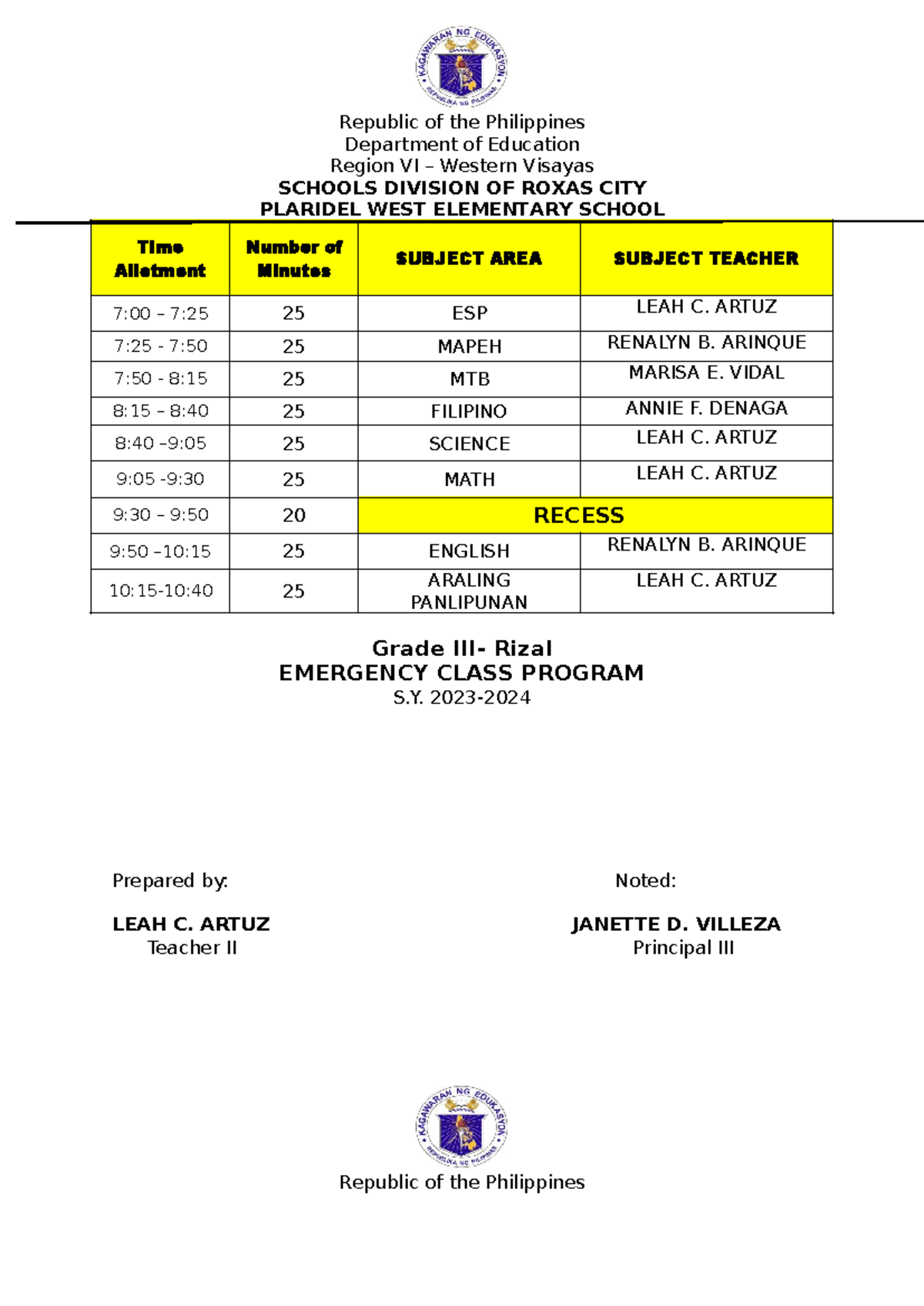 Grade-3- Class- Program- Emergency Sched - Republic of the Philippines ...