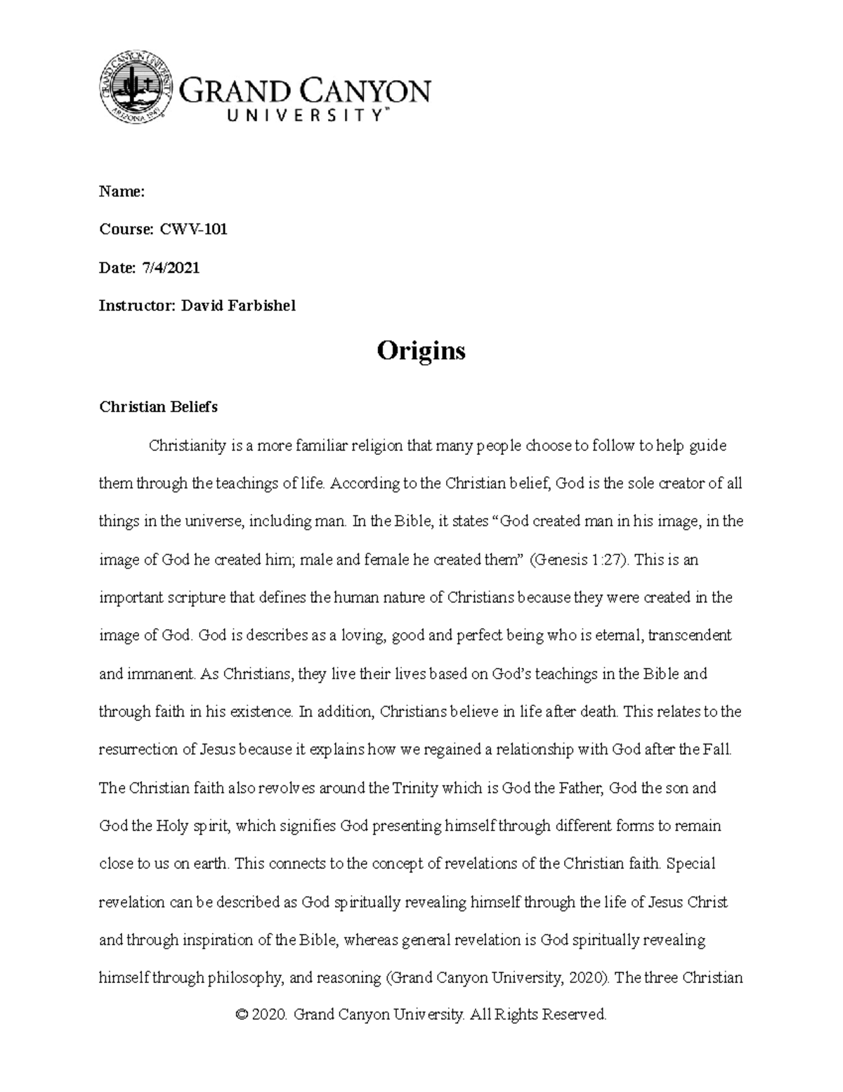 Origins - Grade: A - CWV-101 - GCU - Studocu