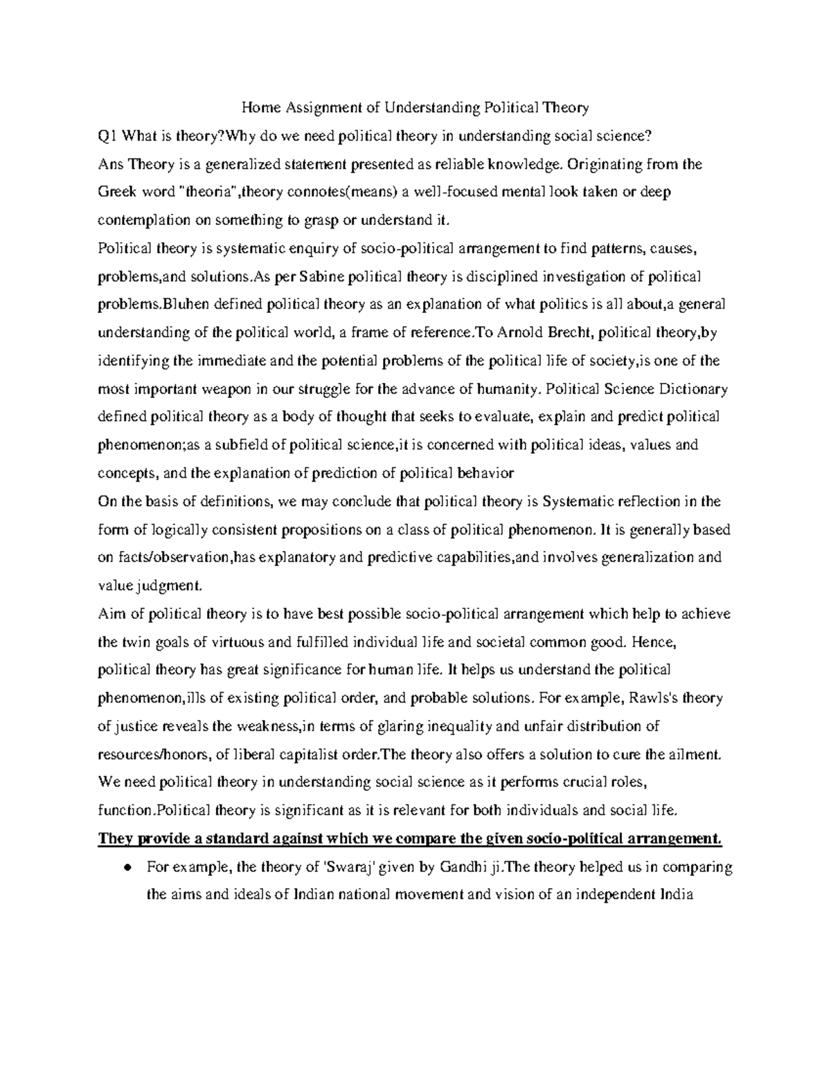 UPT assignment - Home Assignment of Understanding Political Theory Q1 ...