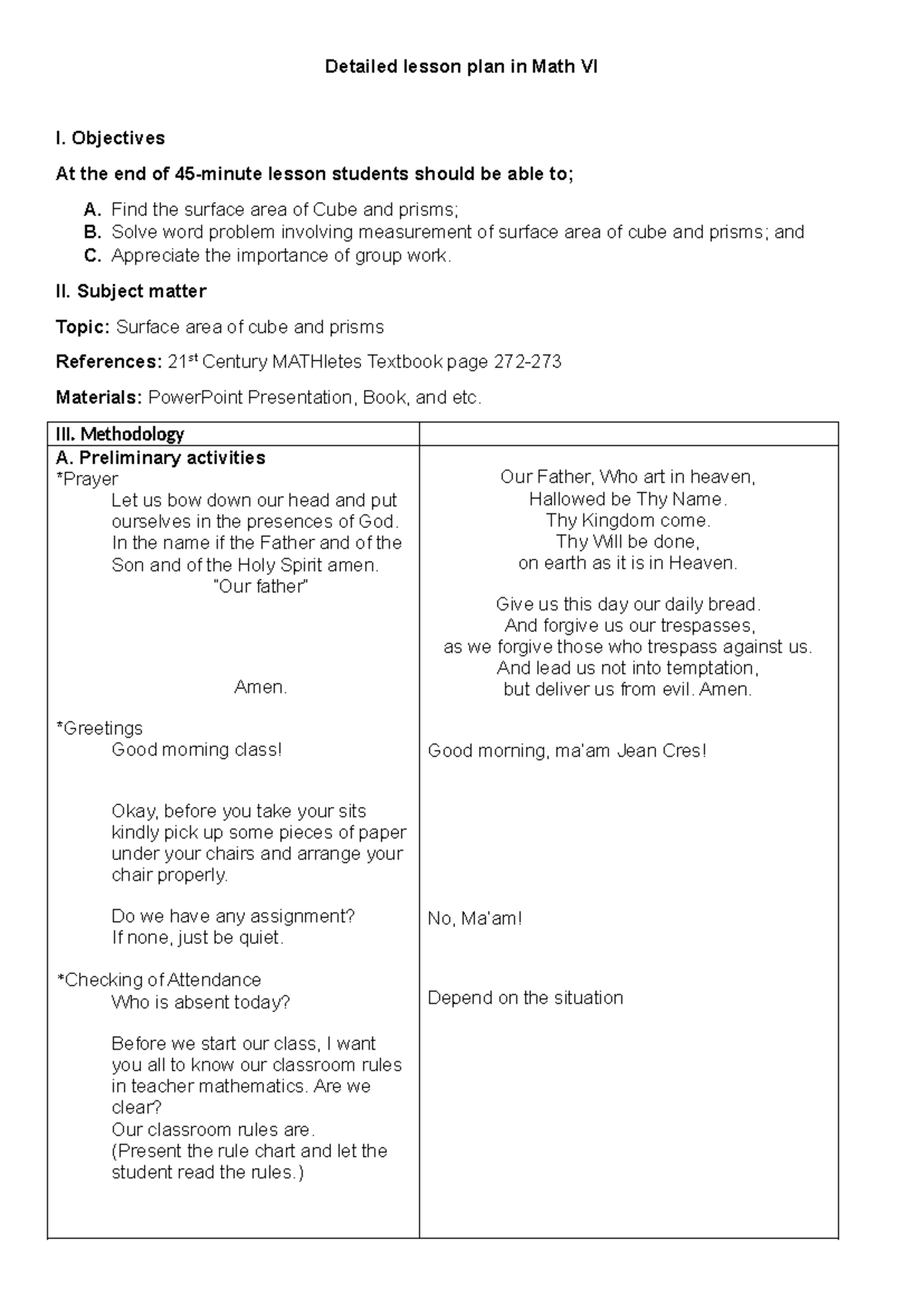 Detailed lesson plan in Math VI - Objectives At the end of 45-minute ...