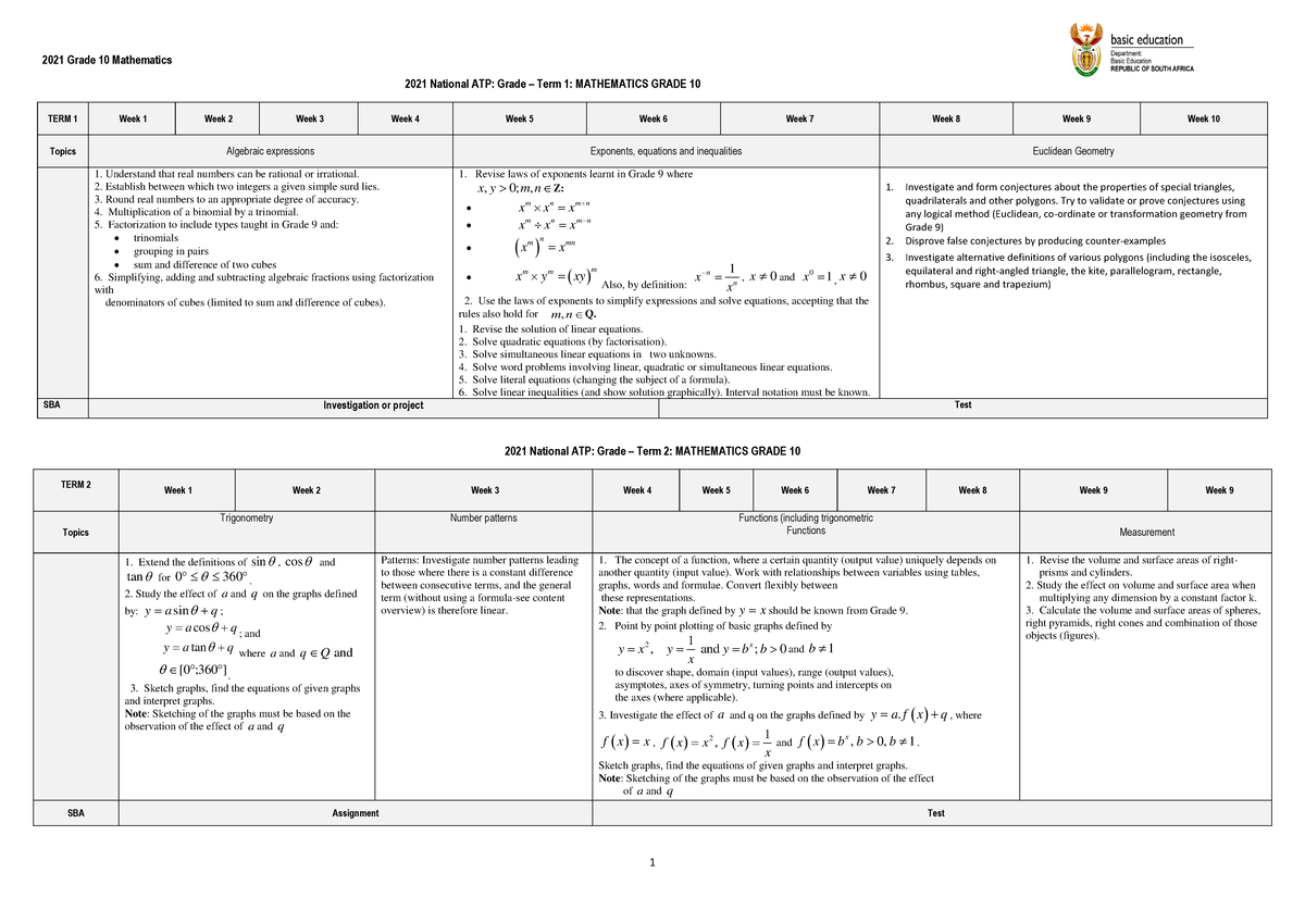 2021 Maths ATP Grade 10 - Mathematics - 2021 Grade 10 Mathematics 1 202 ...