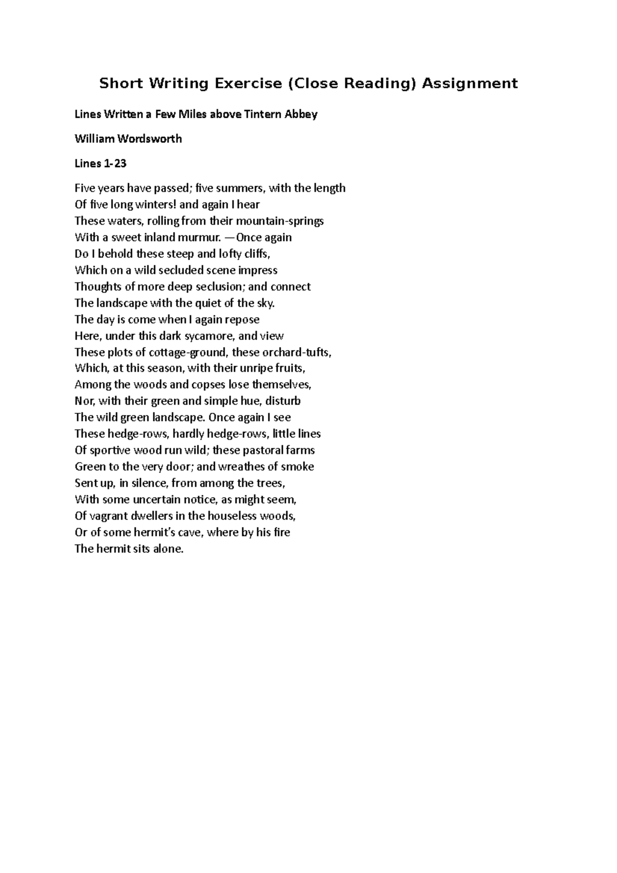 Close reading final - Short Writing Exercise (Close Reading) Assignment ...