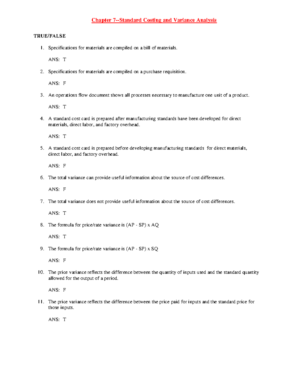 Pdfcoffee - Chapter 7-Standard Costing and Variance Analysis TRUE/FALSE Specifications for ...