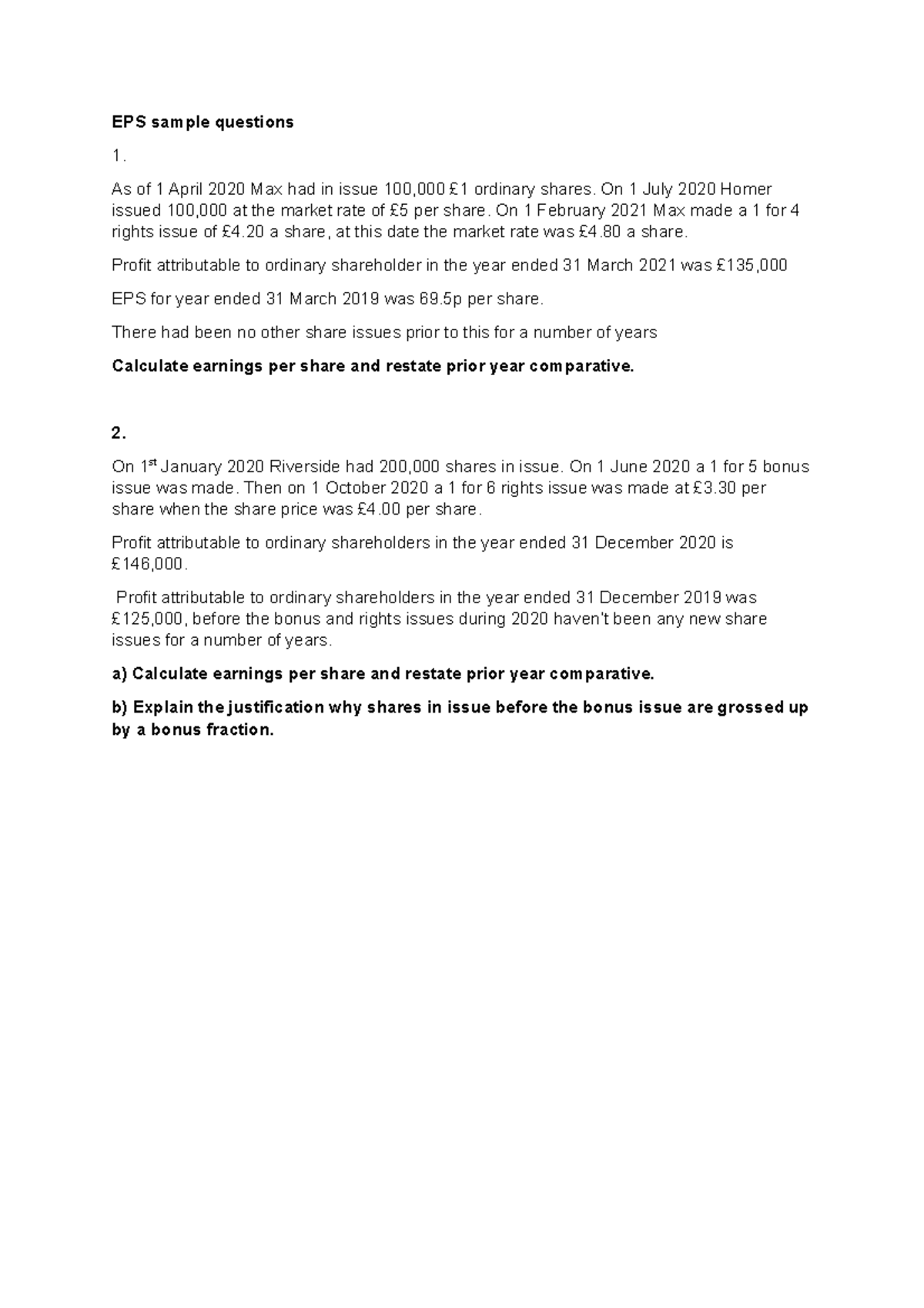 EPS sample questions - EPS sample questions As of 1 April 2020 Max had ...
