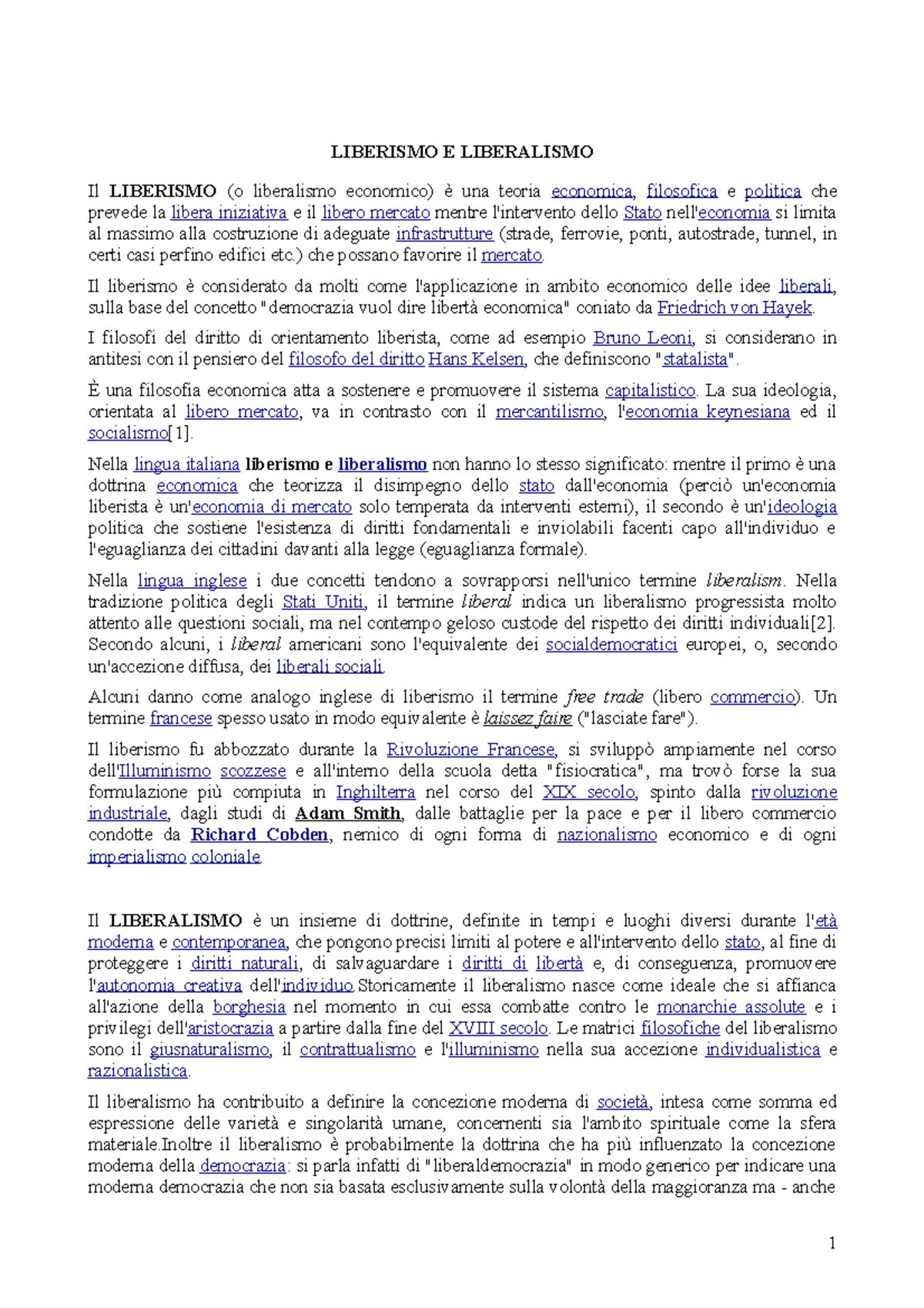 Liberismo-e- Liberalismo - LIBERISMO E LIBERALISMO Il LIBERISMO (o ...