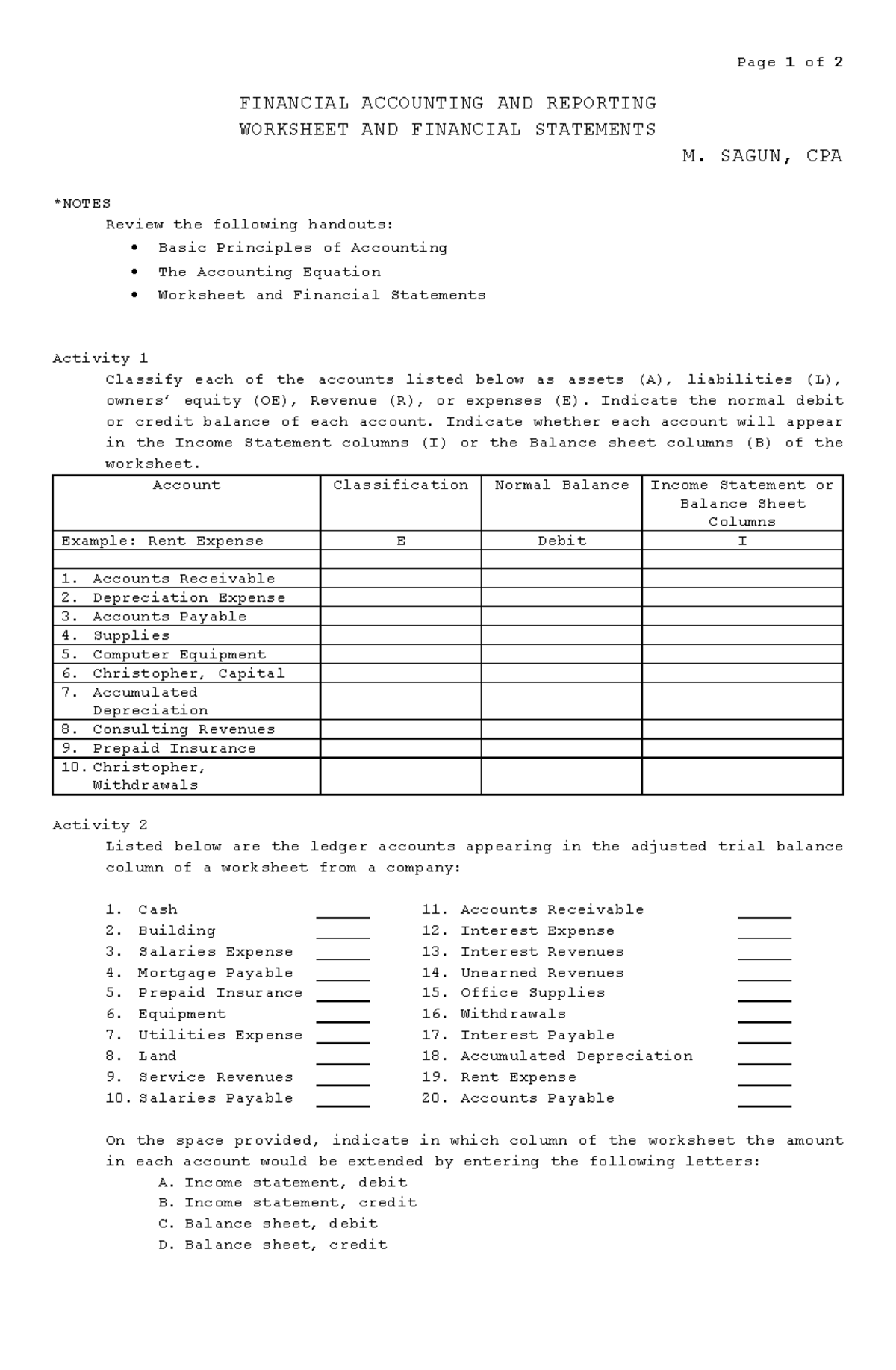 5. Worksheet AND Financial Statements - Page 1 of 2 FINANCIAL ...