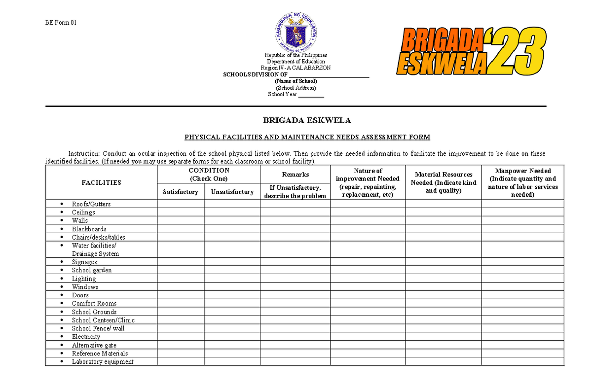 BE-Form-1 - brigada - BE Form 01 Republic of the Philippines Department ...