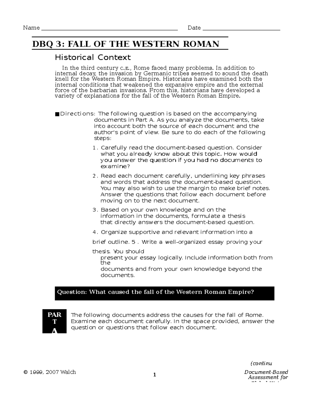 New DBQ - geo - Name Date DBQ 3: FALL OF THE WESTERN ROMAN EMPIRE ...
