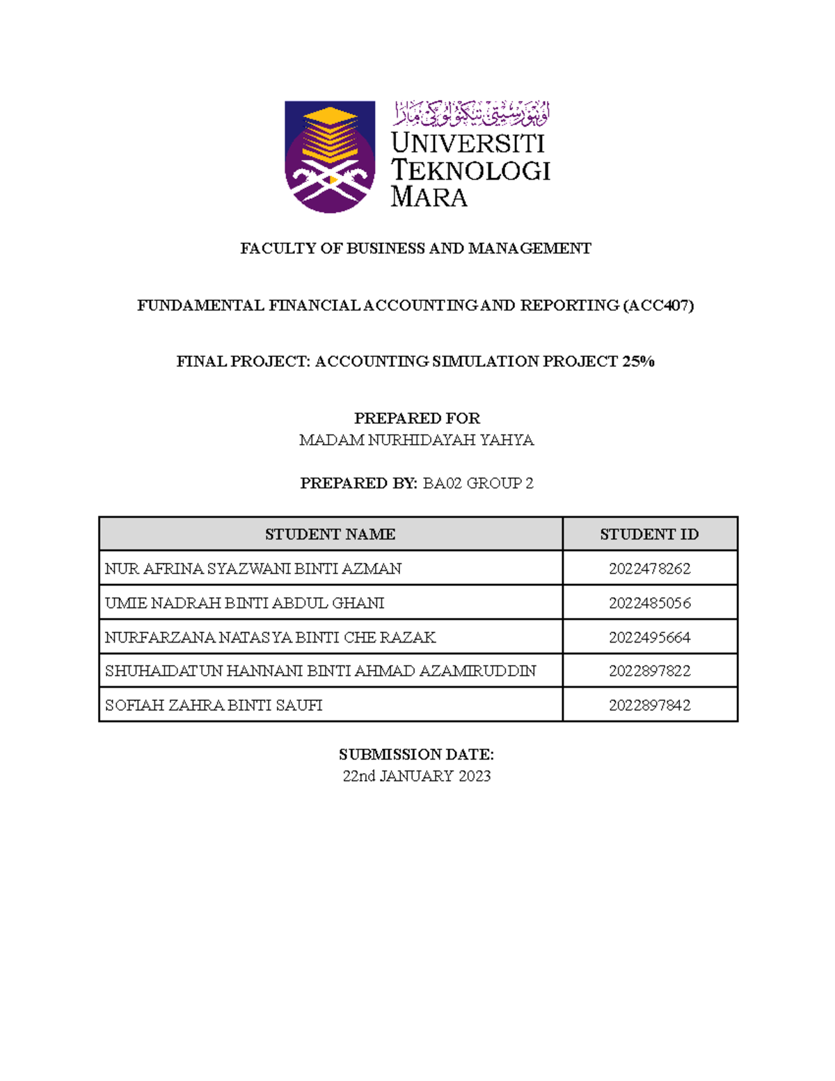 ACC ASSIGNMENT 2 - FACULTY OF BUSINESS AND MANAGEMENT FUNDAMENTAL FINANCIAL ACCOUNTING AND ...