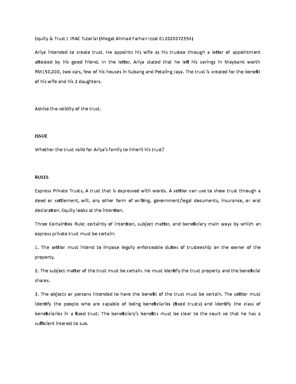 Validity of trust ( Megat Ahmad Farhan Izzat 01202007 2994) - Equity ...