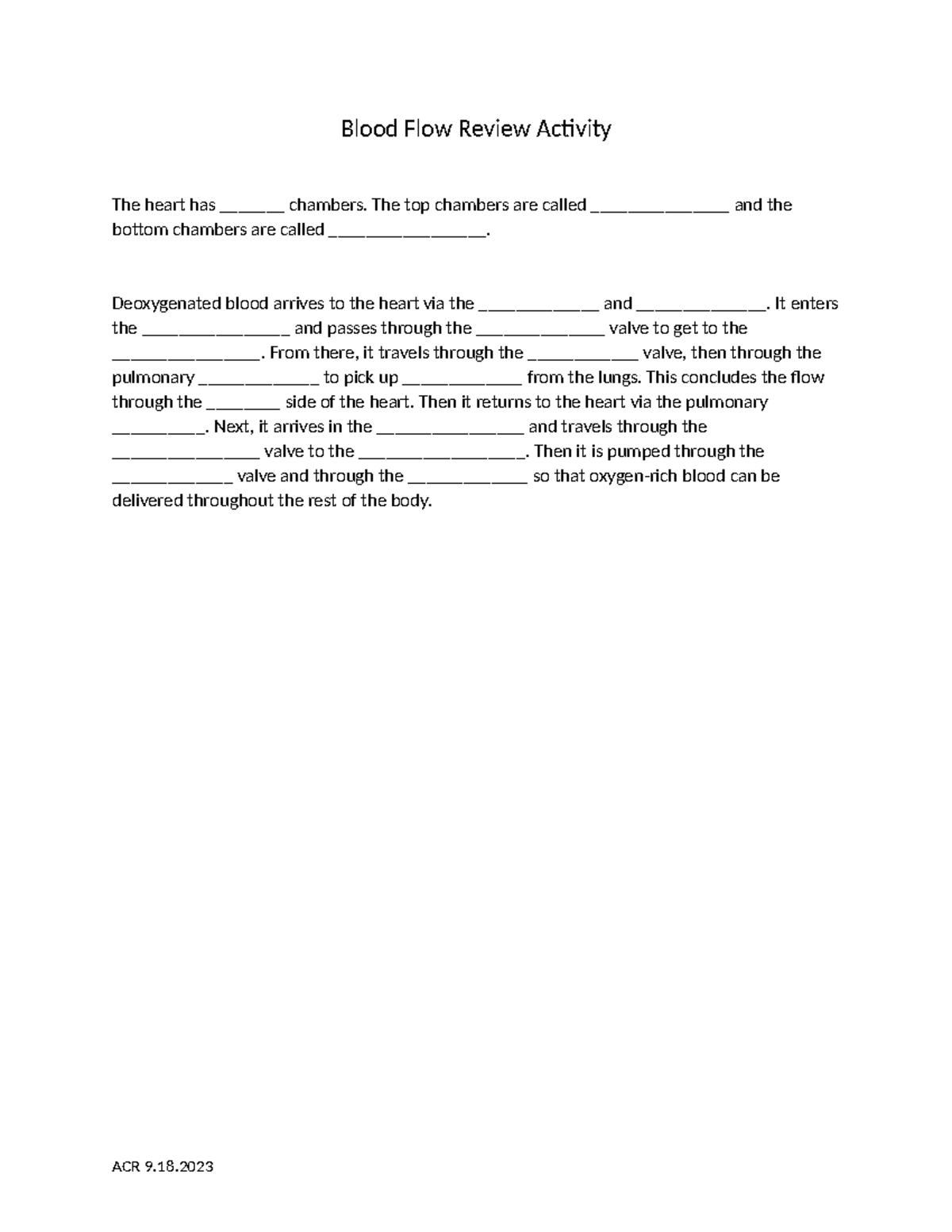Blood Flow Review Activity Student - Blood Flow Review Activity The ...