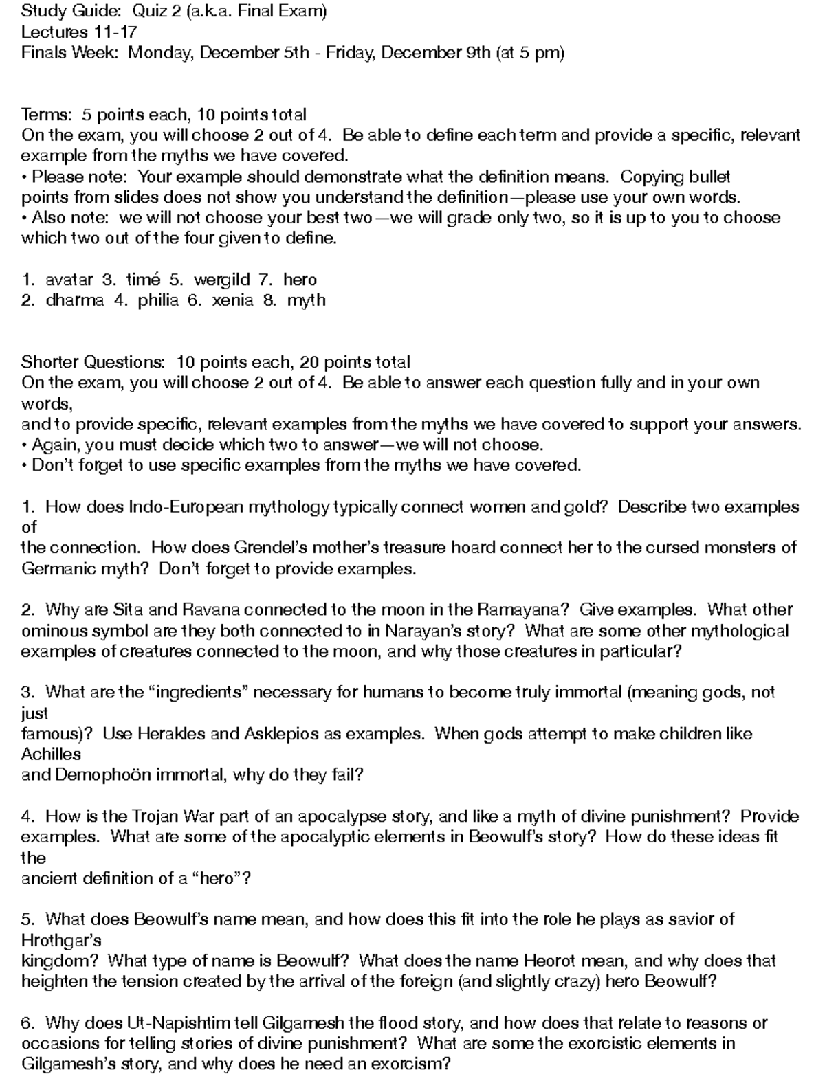Mythology study guide 2 - Study Guide: Quiz 2 (a.k. Final Exam) Lectures 11- Finals Week: Monday ...