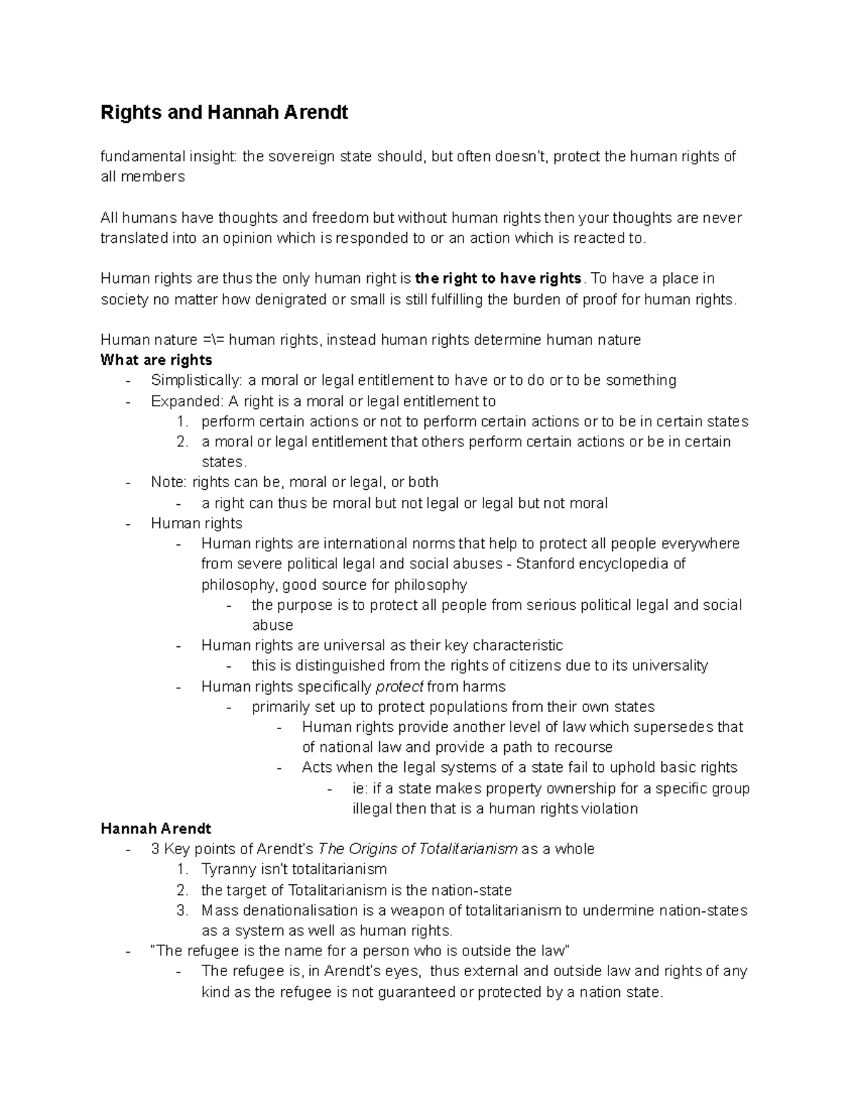 Lecture 4 - Rights and Arendt - Rights and Hannah Arendt fundamental ...