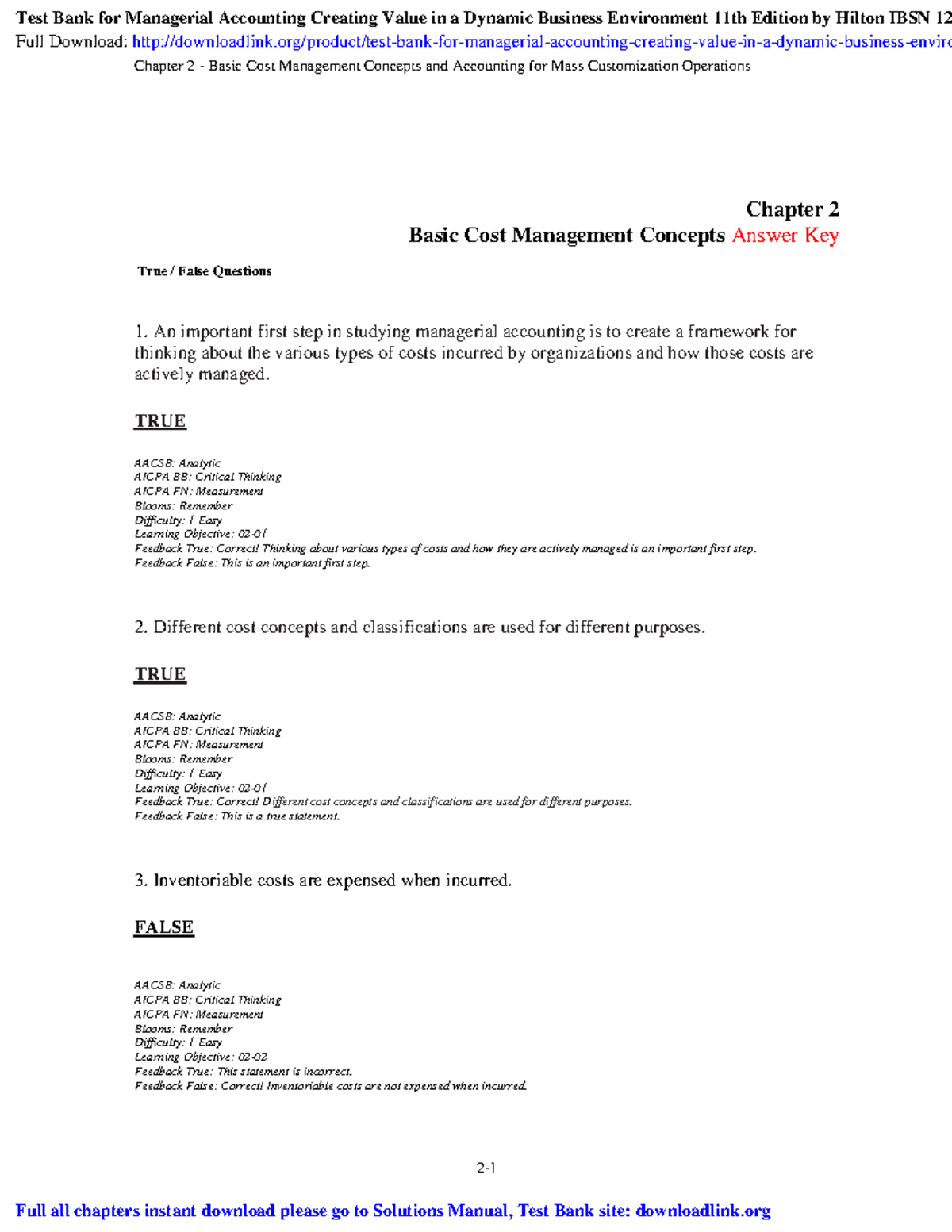 Test bank for managerial accounting creating value in a dynamic ...
