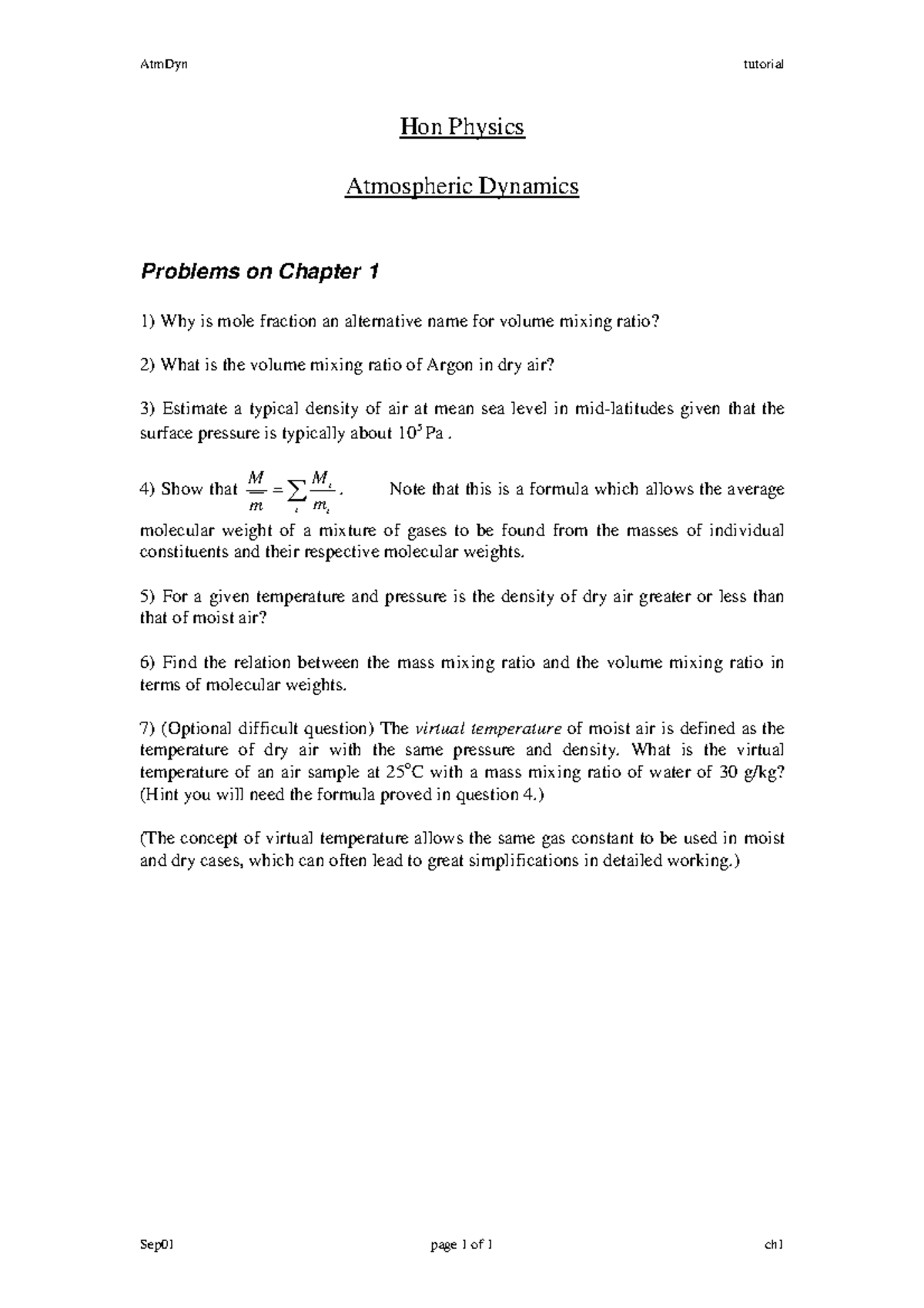 Tutorial 01 Questions Chapter 01 Atmdyn Tutorial Hon Physics Atmospheric Dynamics Problems
