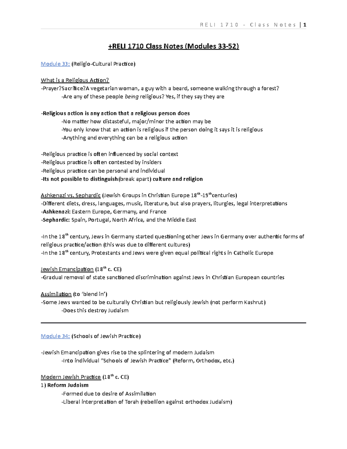 RELI-1710-Class-Notes - +RELI 1710 Class Notes (Modules 33-52) Module ...