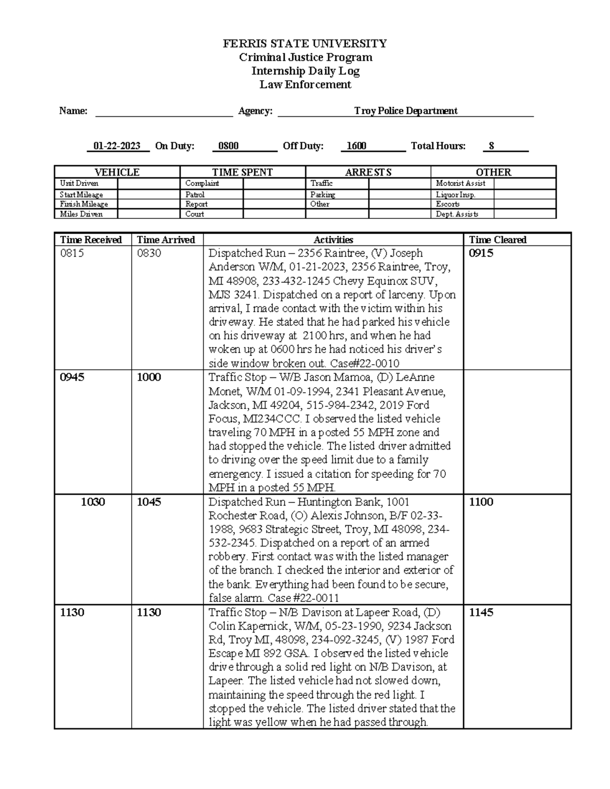 Daily Log - Law Enforcement 2 - FERRIS STATE UNIVERSITY Criminal ...