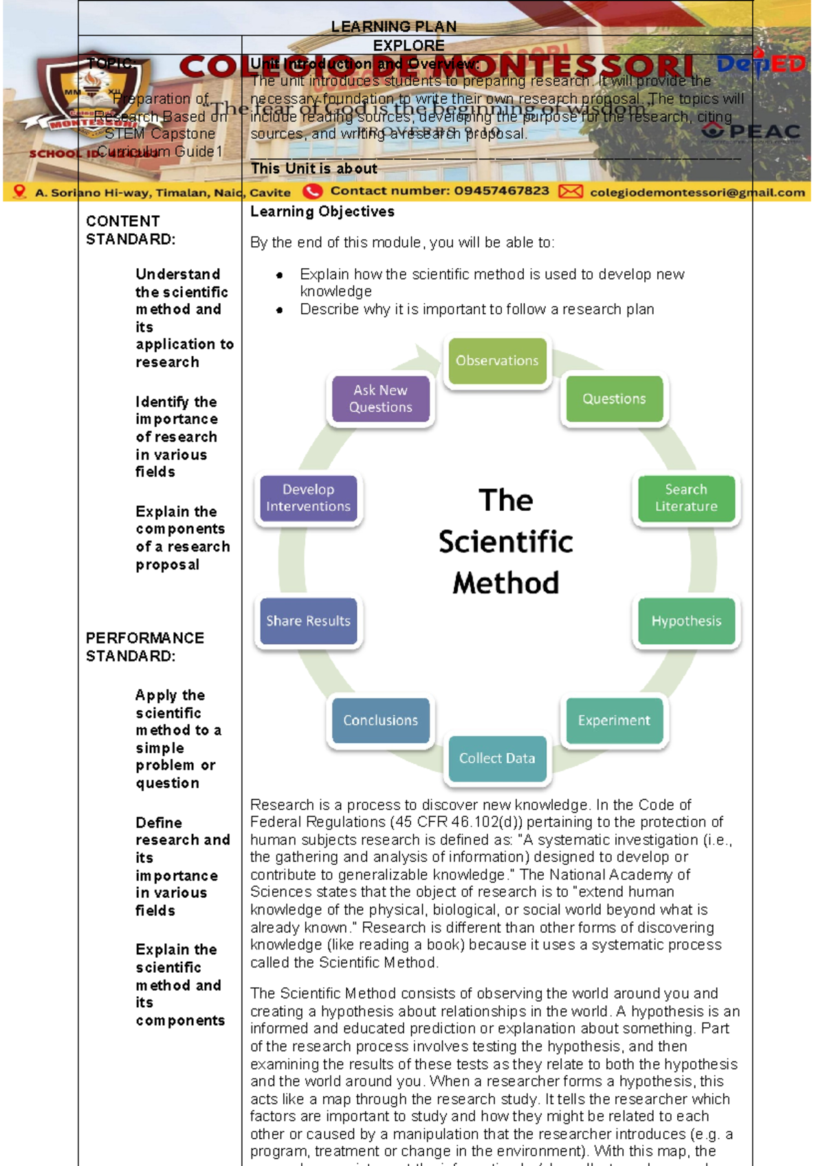 Research Week 1 Lesson PLAN - LEARNING PLAN EXPLORE TOPIC: Preparation ...