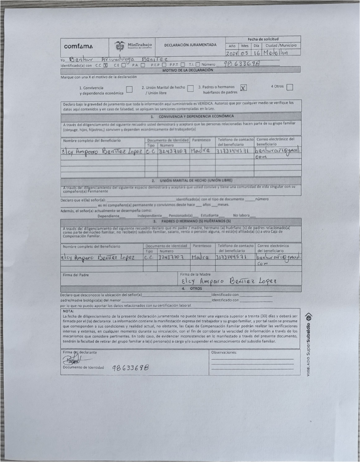 Documento Declaración Juramentada - Fecha de solicitud comfama ...