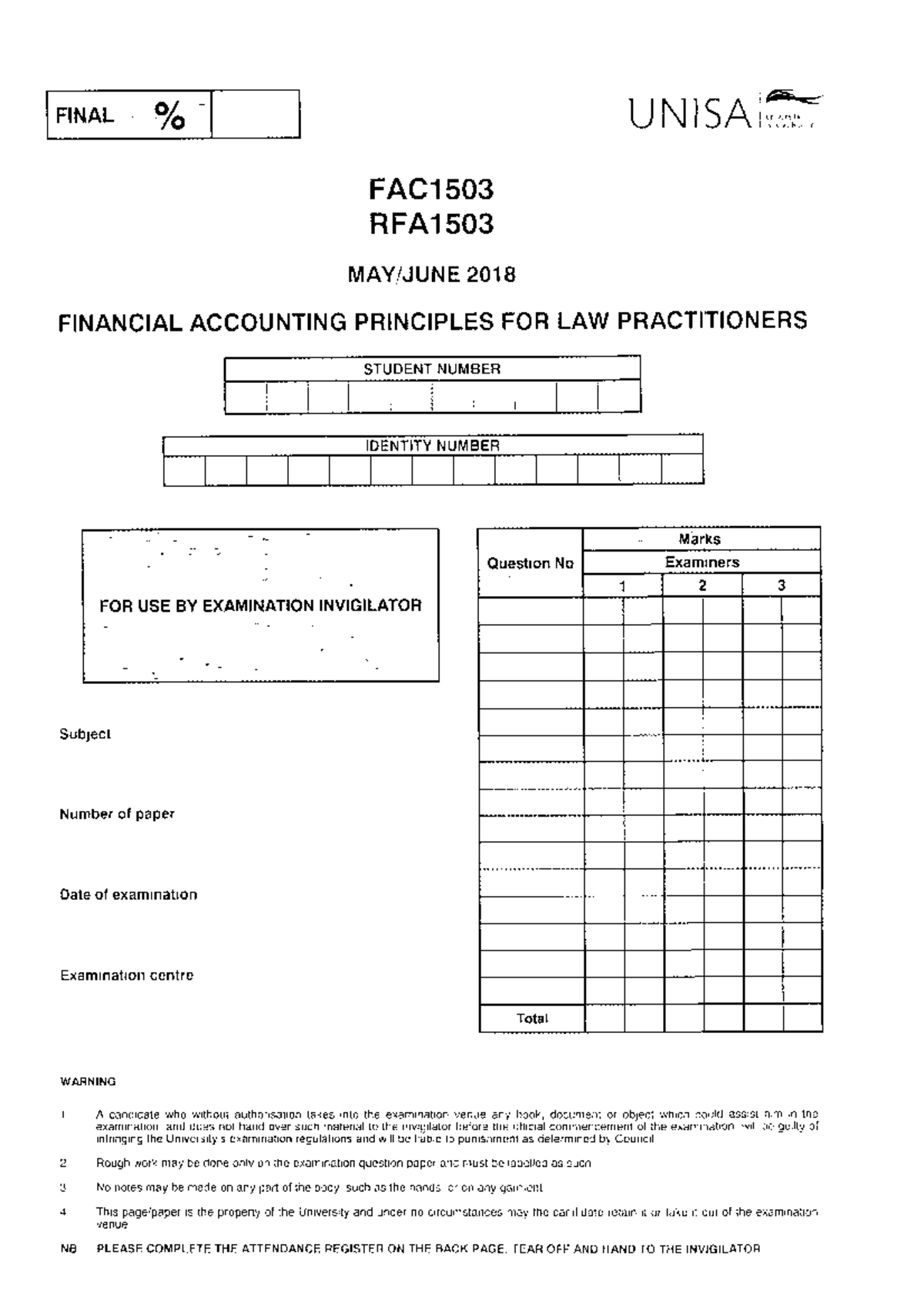 Exam 14 June 2018 - t4!“ BK'TKiIV ) ( n: b a c UNISA FAC1503 RFA1503 ...
