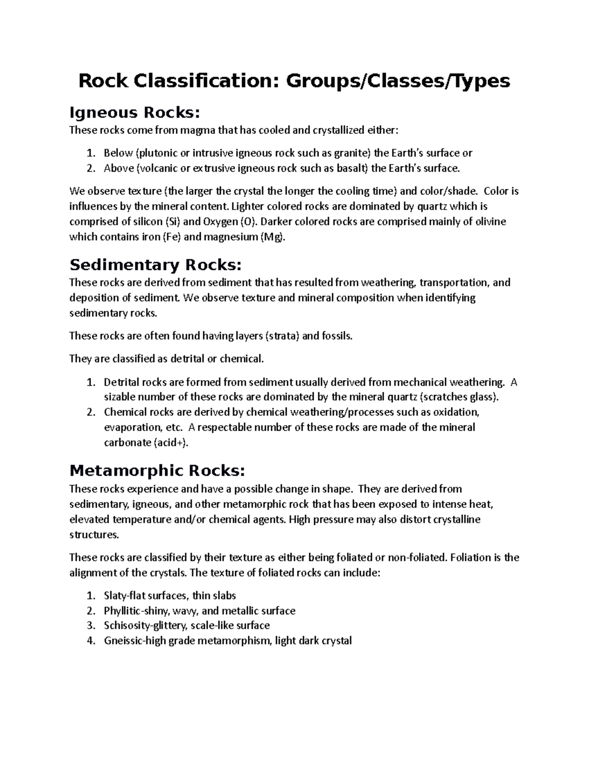 ROCK Classifications Summer 2023 - Rock Classification: Groups/Classes ...
