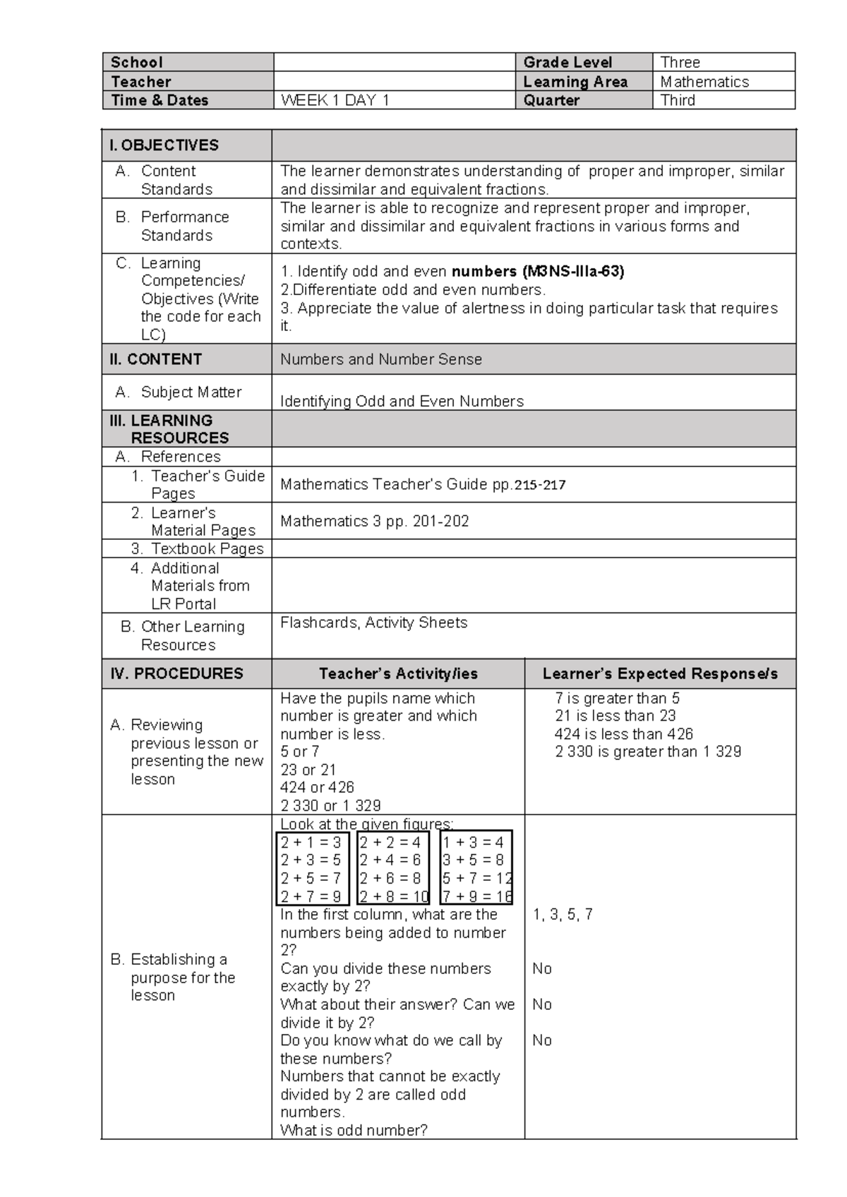 Day 1 Detailed Lesson Plan Mathematics 3 School Grade Level Three