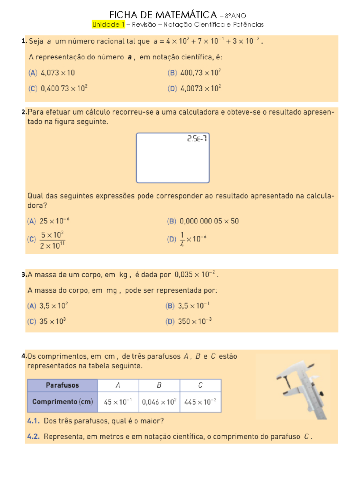 Ficha de revisão NC e Potências -8ºano - Matemática - FICHA DE ...