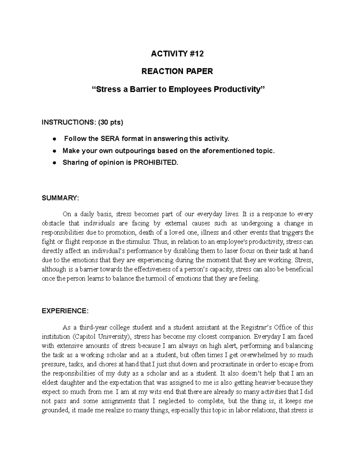 Activity #12 BA199 - ACTIVITY REACTION PAPER “Stress a Barrier to ...